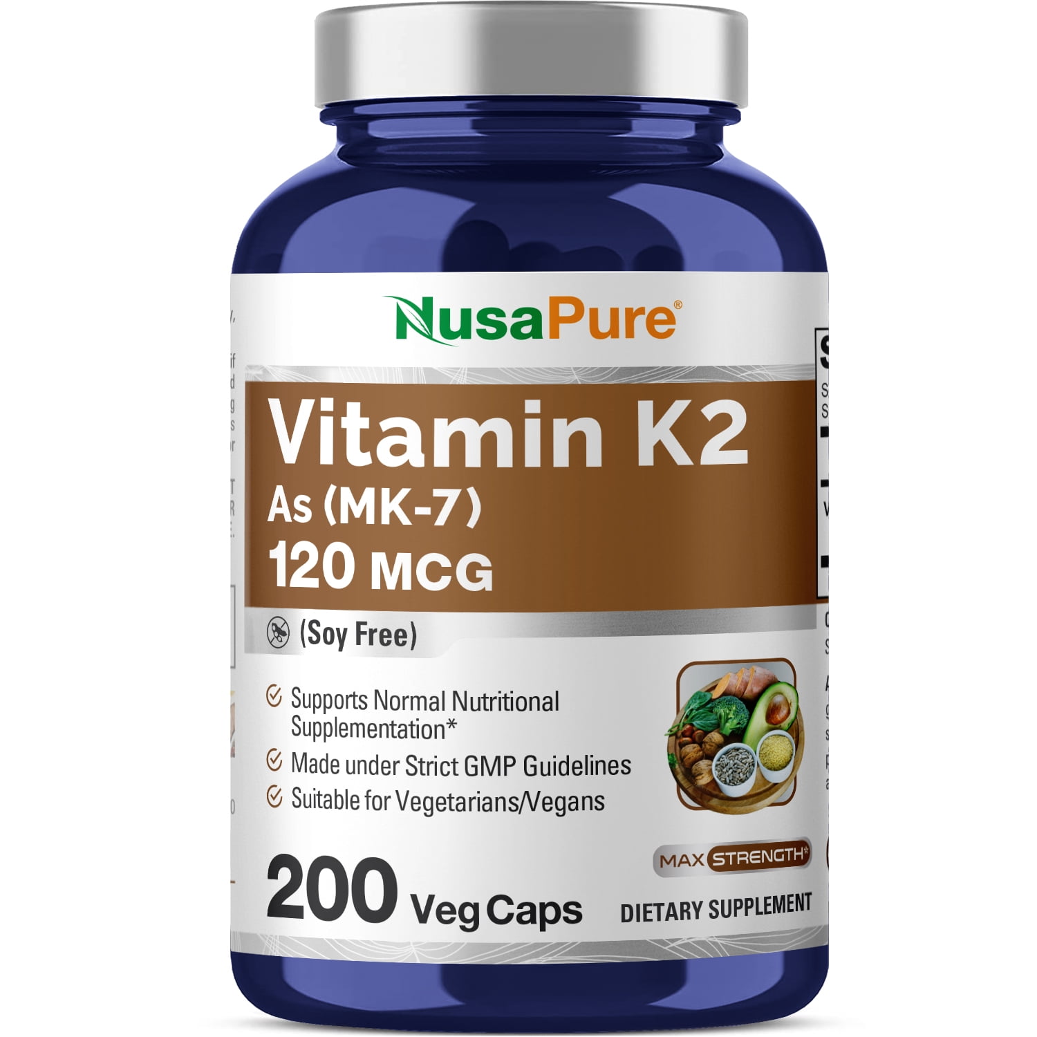 NusaPure Vitamin K2 MK7 120 mcg, 200 Veggie Capsules, Non-GMO, Gluten ...