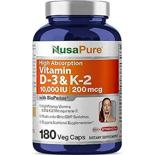 NusaPure Vitamin K2 (MK7) (200mcg) + Vitamin D3 (10000 IU) 180 Veg Caps ...