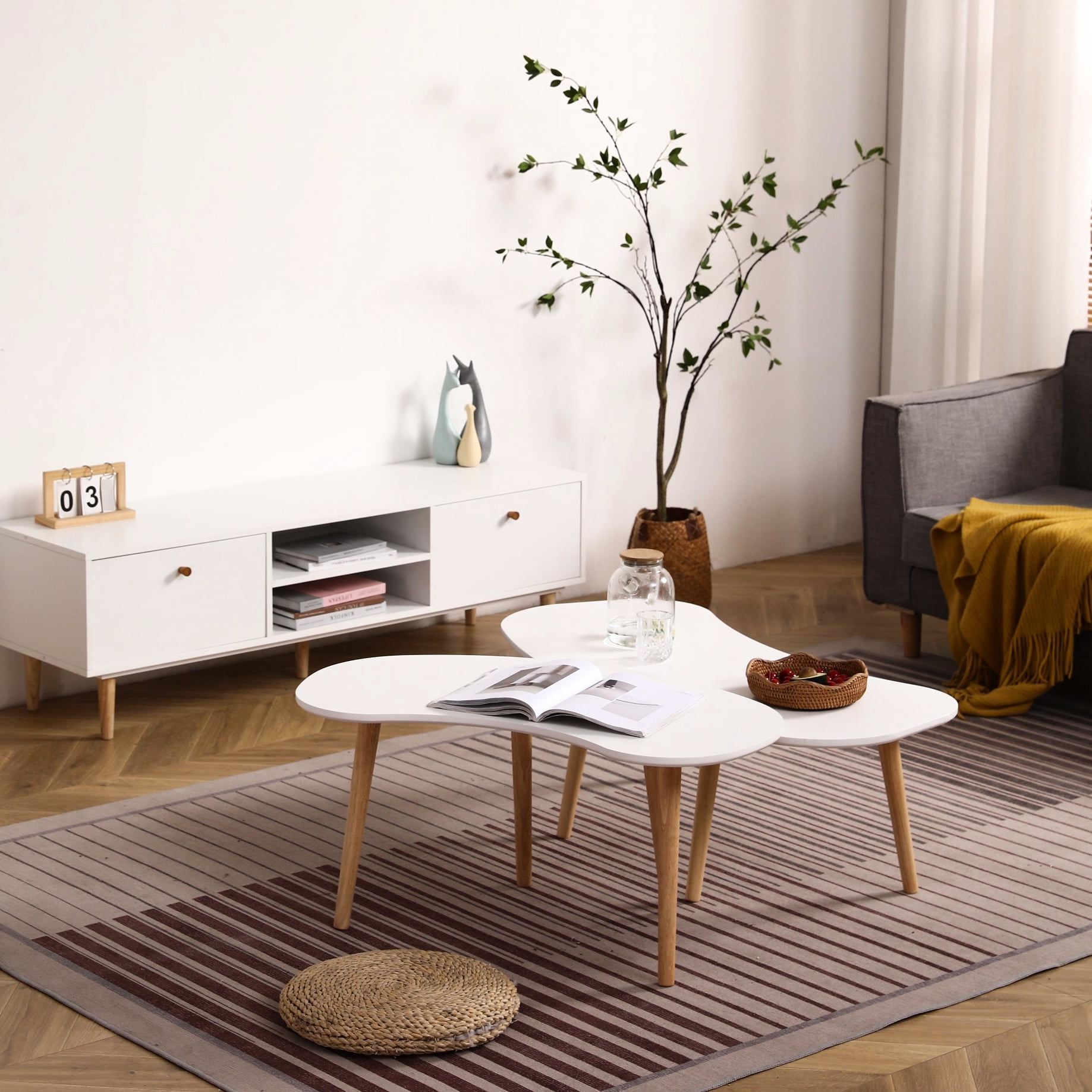 Nut-shaped Coffee Table With Solid Wood Legs, 43x21 Inches, White+oak ...