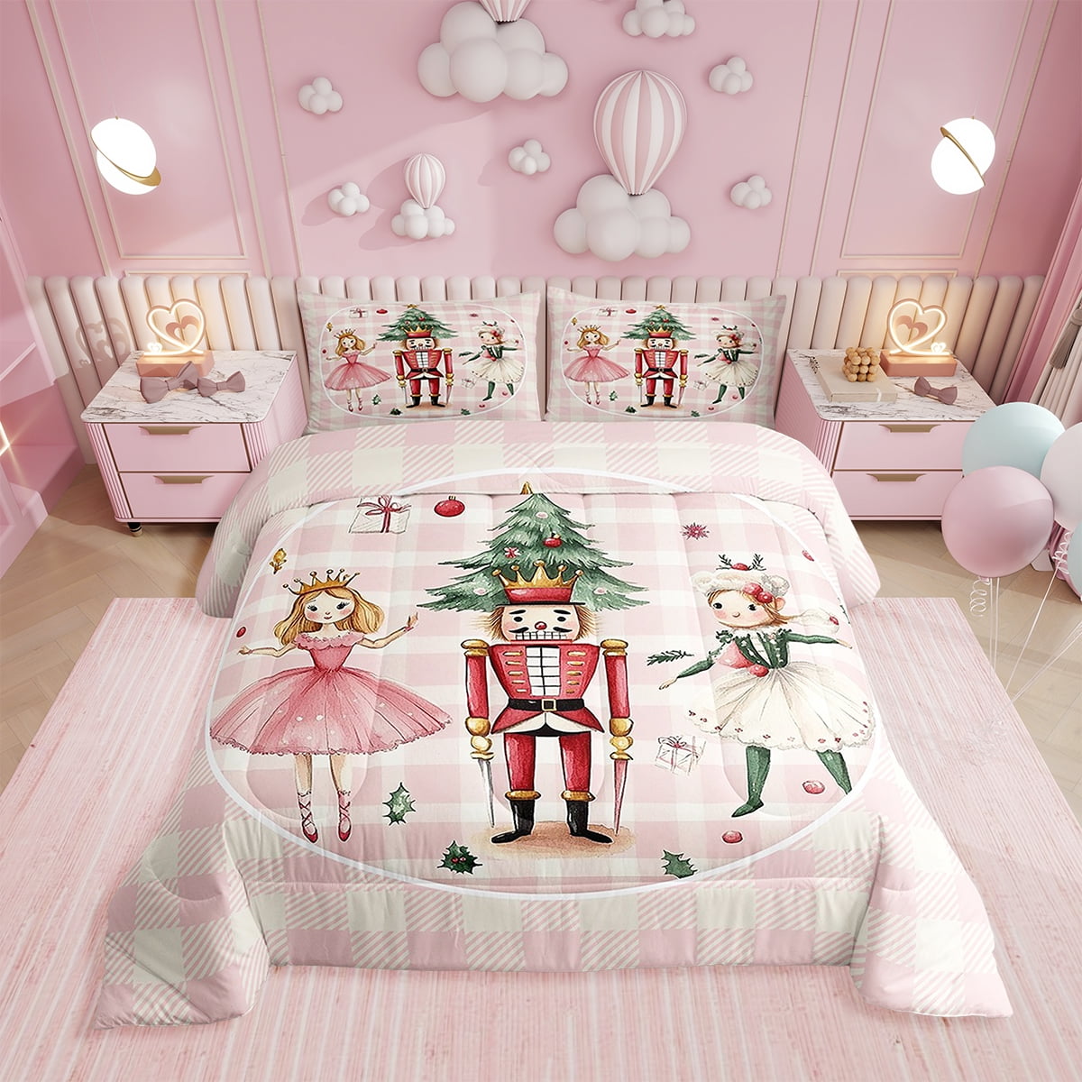 Nutcracker Christmas Comforter Set Twin Pink White Buffalo Plaid Quilt ...
