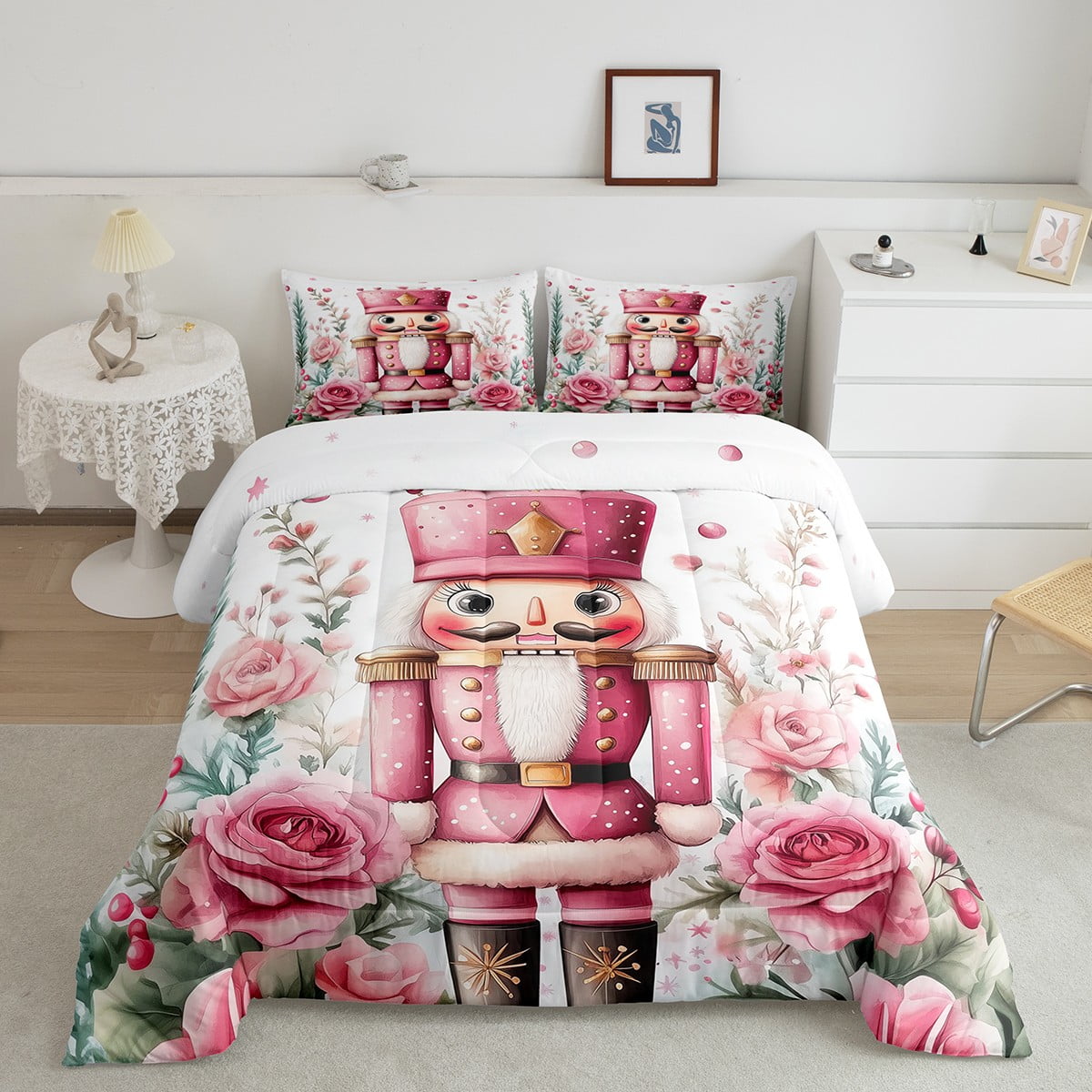 Nutcracker Soldier Comforter Set Full Size,Pink Rose Flower Bedding ...