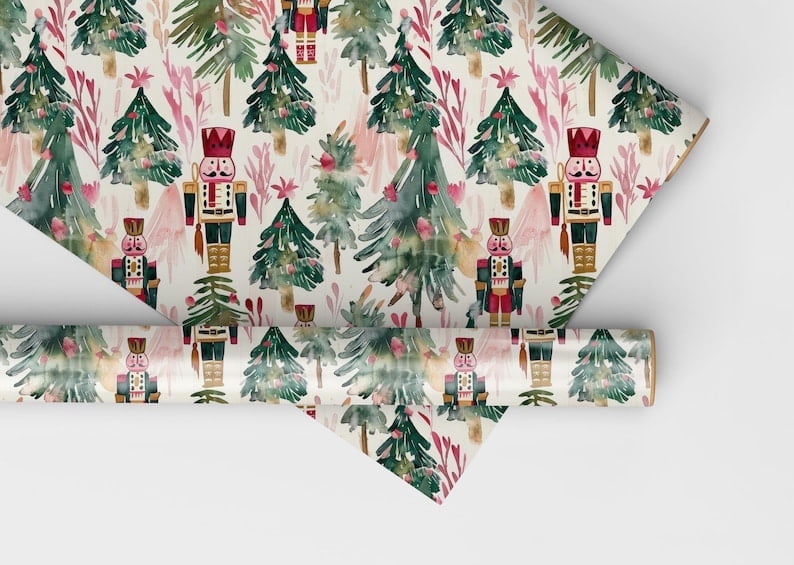 Nutcracker Wrapping Paper Modern Christmas Gift Wrap Roll, Watercolor ...