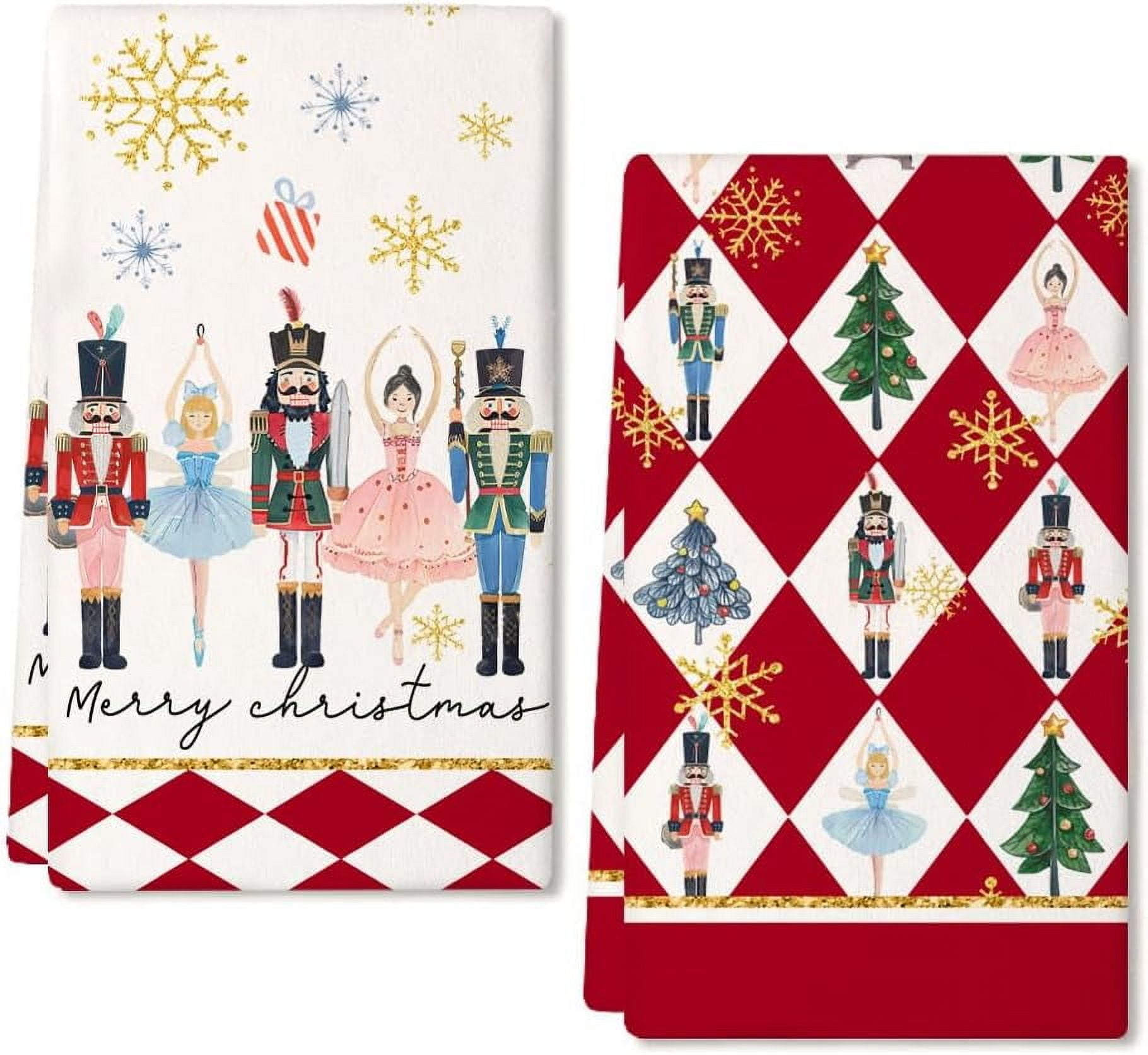 Nutcrackers Christmas Kitchen Towels Set of 2,Red Snowflake Xmas Tree ...