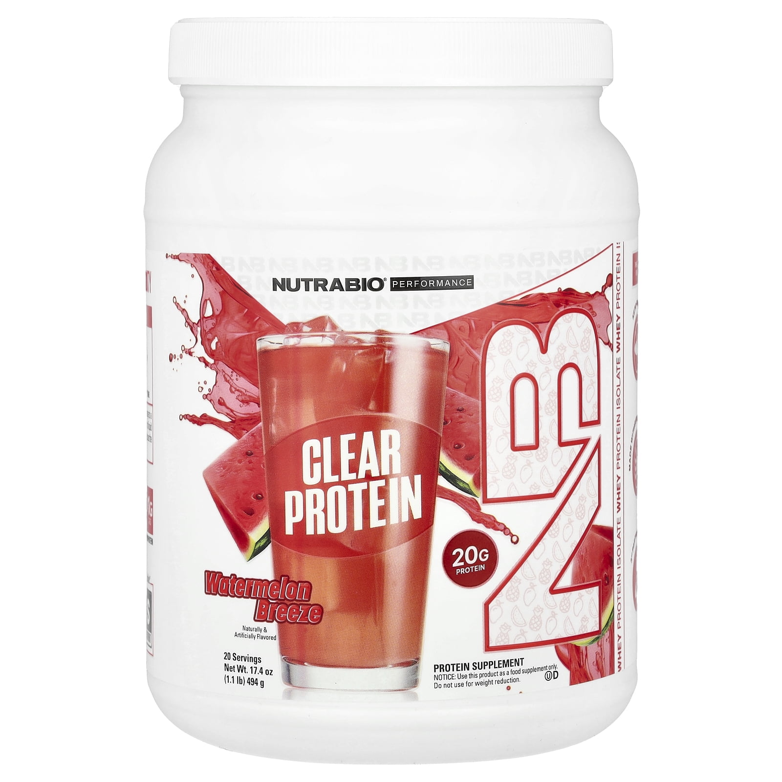 NutraBio Clear Whey Protein Isolate Powder, Watermelon Breeze - 20 ...