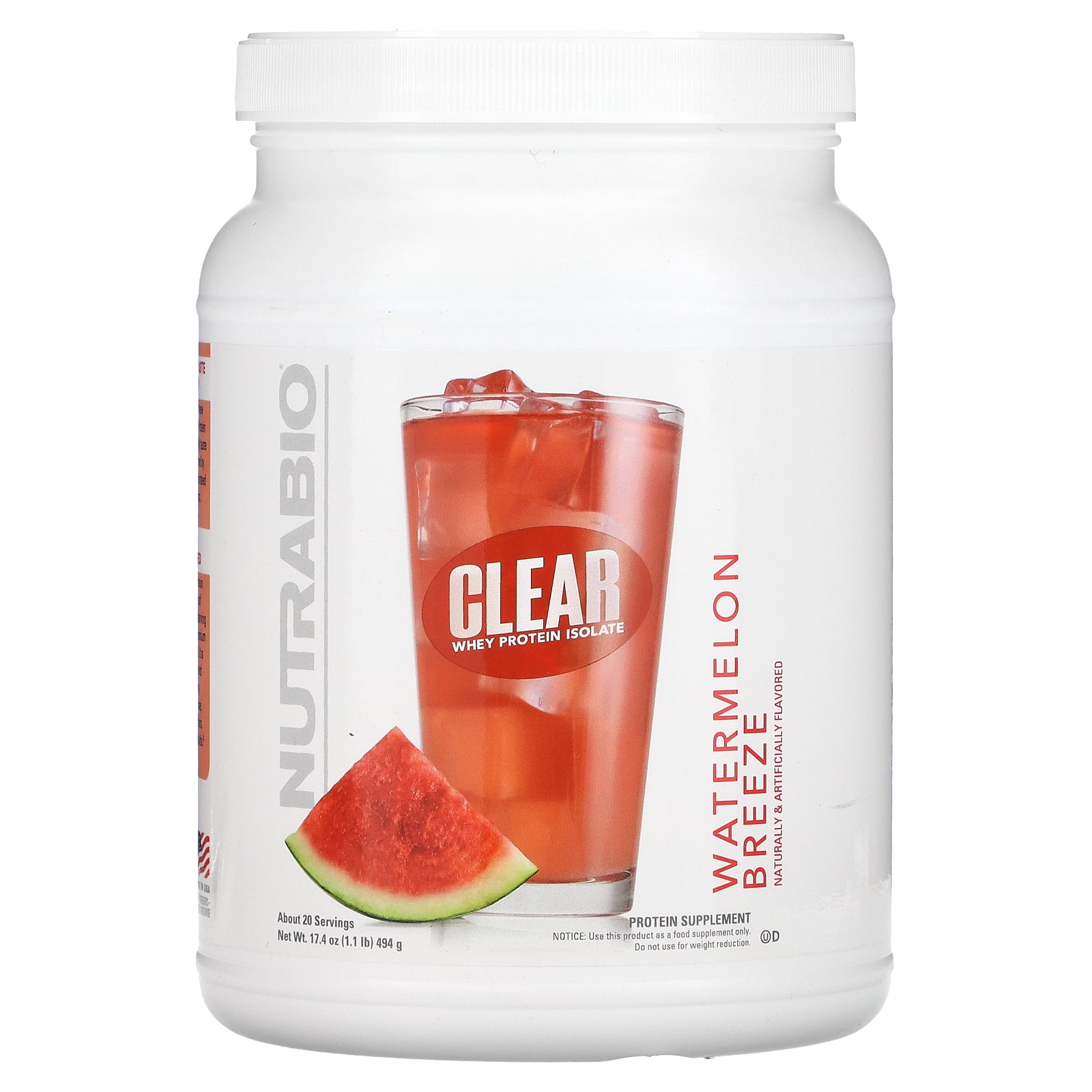 NutraBio Clear Whey Protein Isolate Watermelon Breeze - 20 Servings ...