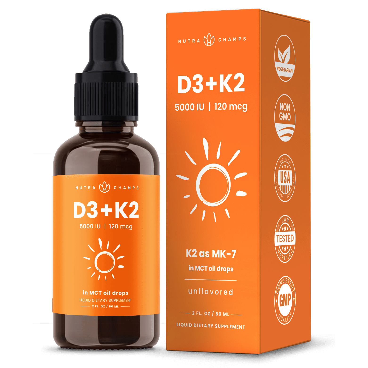 NutraChamps Vitamin D3 K2 Drops Liquid Vitamin D3 5000 IU and K2 in MCT Oil for Bones, Heart ...