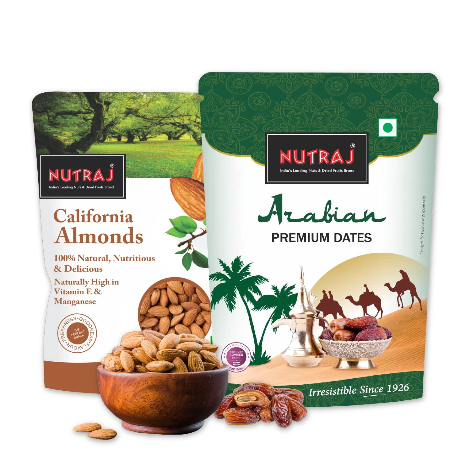Nutraj Gold Arabian Dates 500gm, 17.6 Ounce & California Almonds 250gm ...