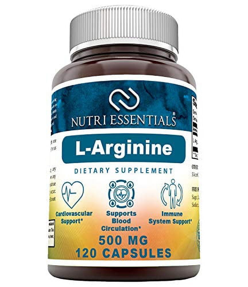 Nutri Essentials L-Arginine 500 mg 120 Capsules (Non-GMO) Supplement ...