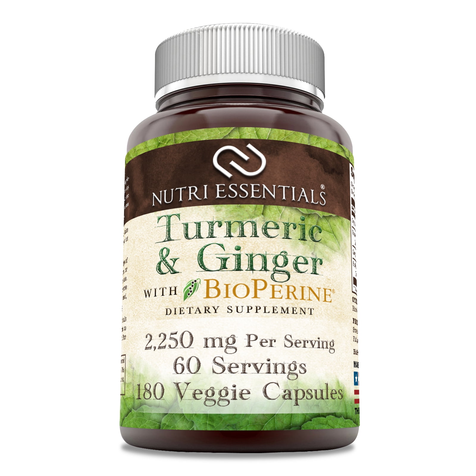 Nutri Essentials Turmeric Curcumin & Ginger with BioPerine 2250 mg Per Serving Veggie Capsules ...