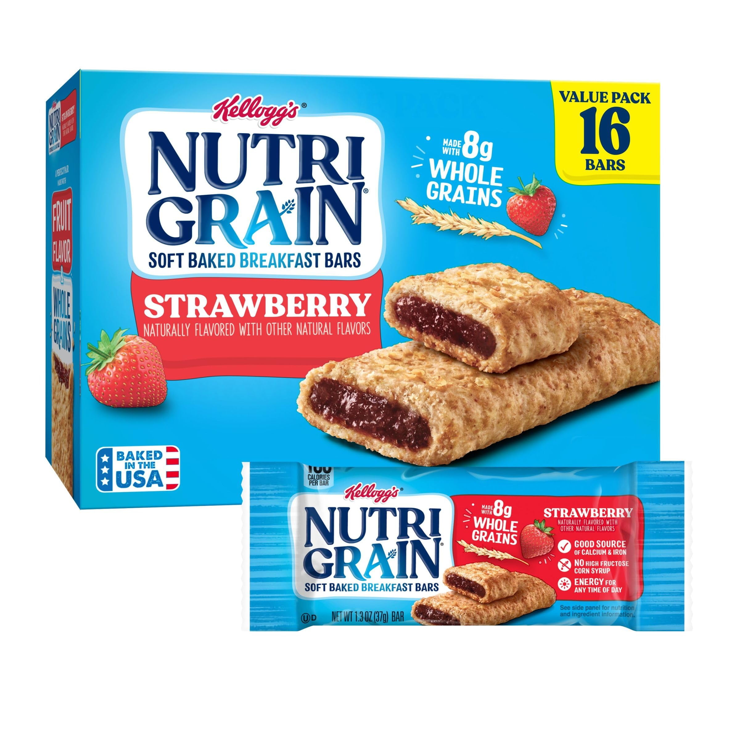 Nutri-Grain Soft Baked Breakfast DPF11 Bars, Kids Snacks, Value Pack, Strawberry, 20.8oz Box (16 ...