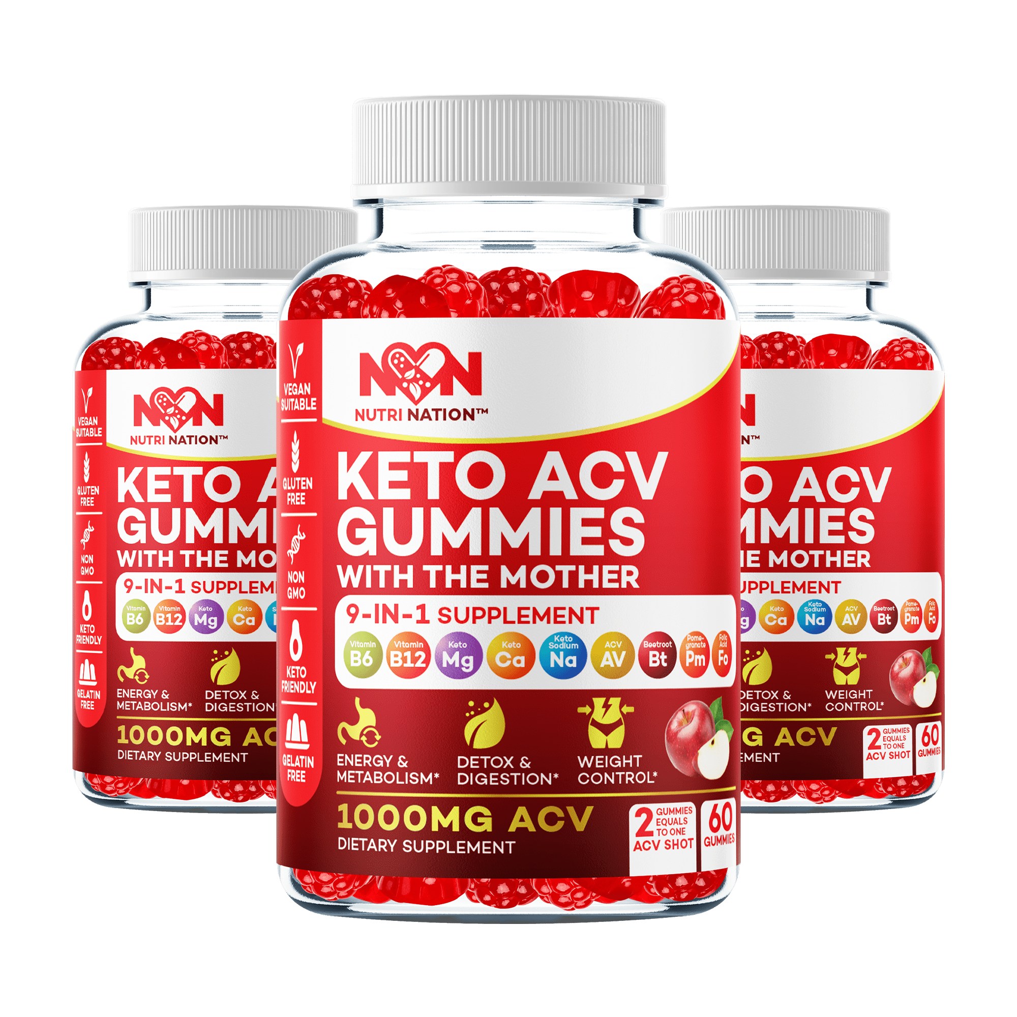 Nutri Nation Keto Acv Gummies 1000mg with BHB Salts (3 Bottle Special ...