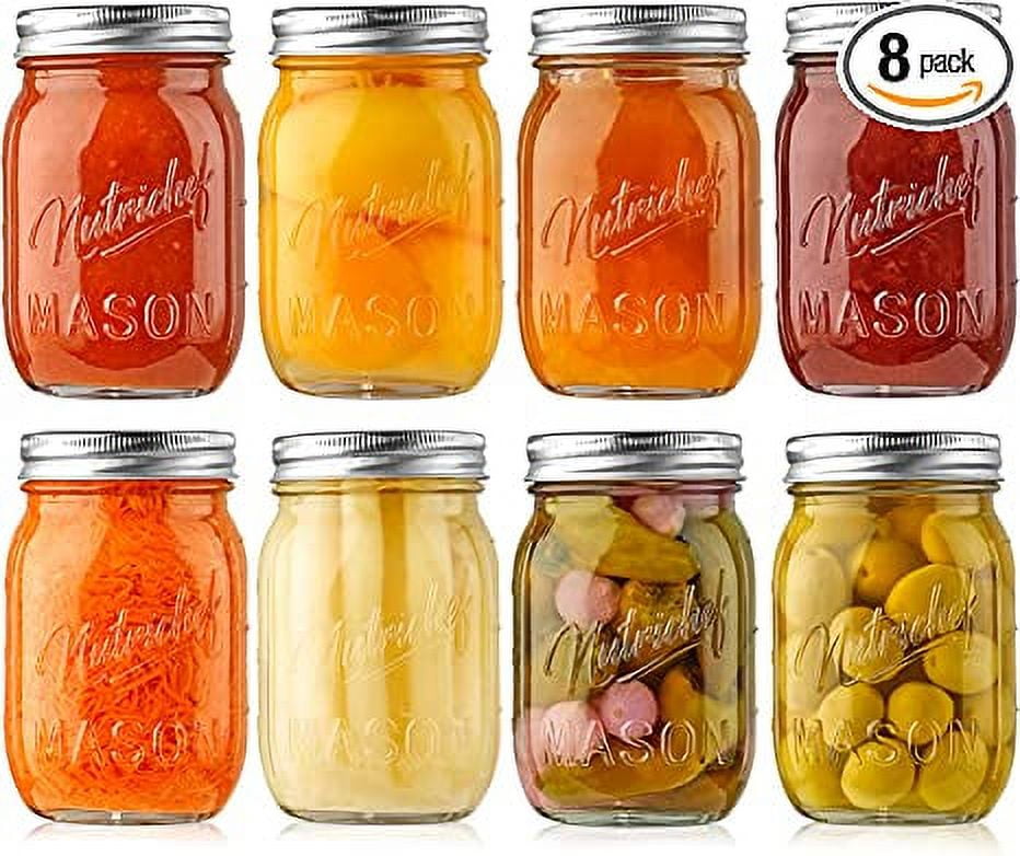 NutriChef 16oz DIY Magnetic Spice Mason Jar Glass Container w/ Airtight Lid and Band (8 Pcs ...