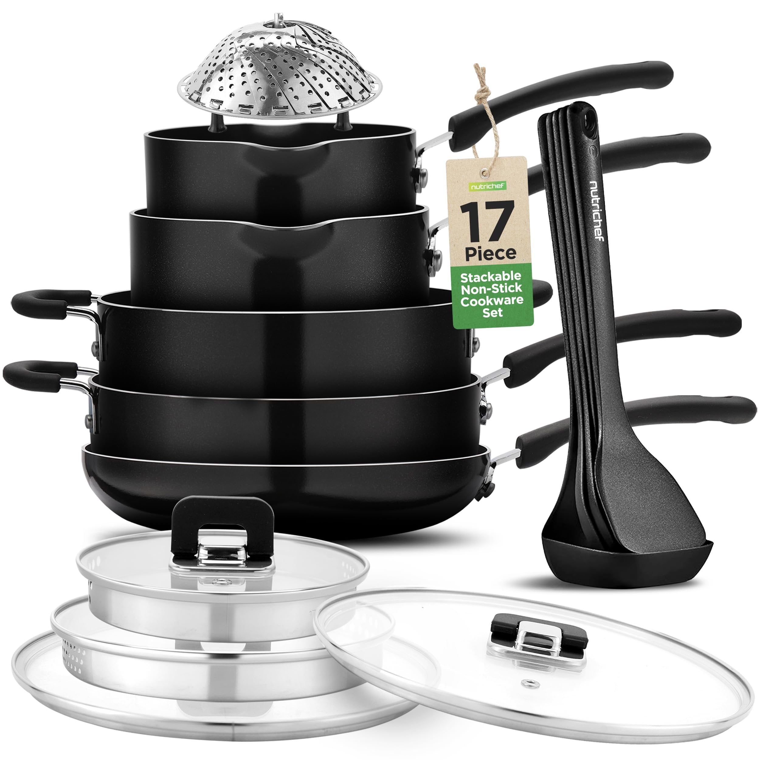 NutriChef 17pcs Black Stackable Pots and Pans Set, Nonstick Induction ...