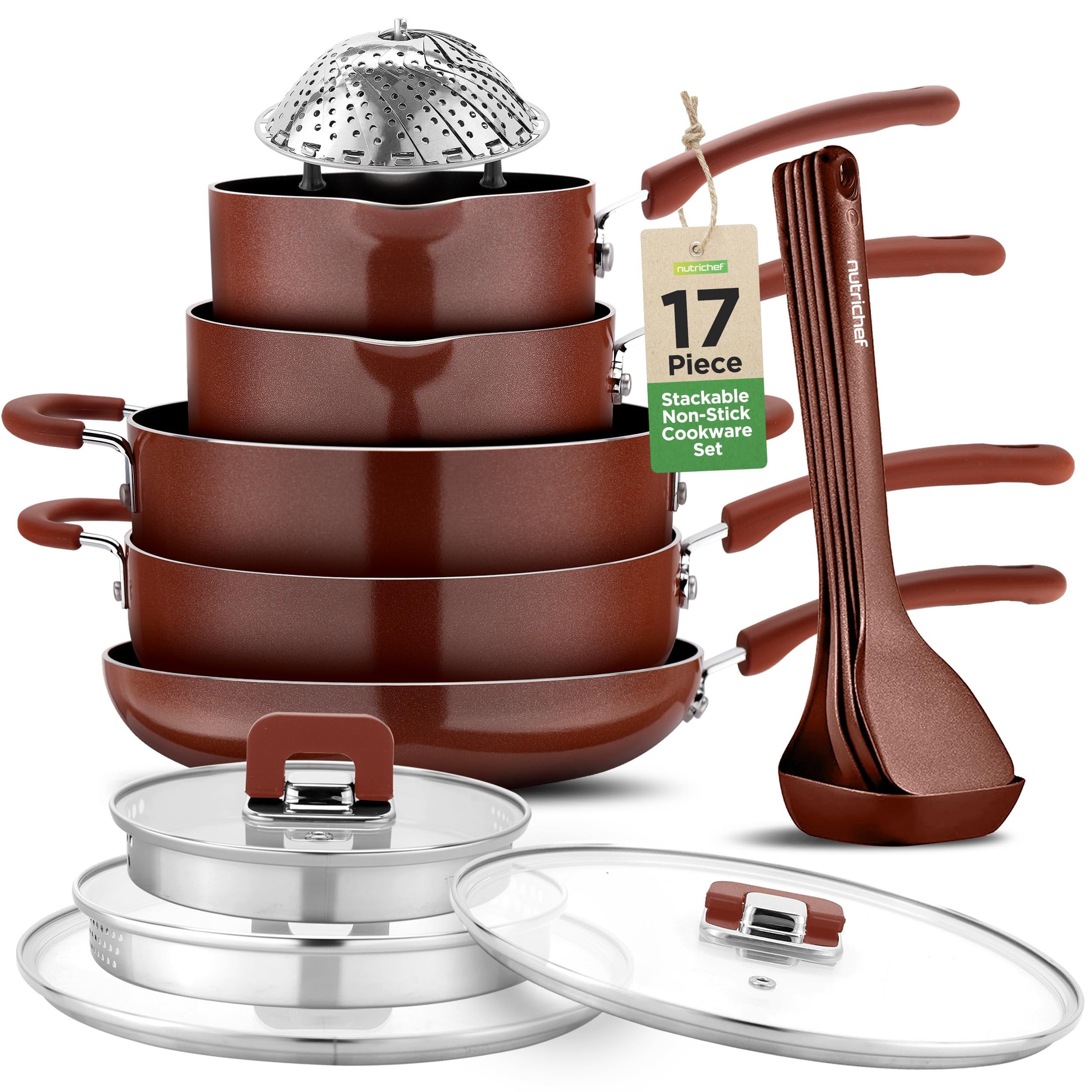 NutriChef 17pcs Brown Stackable Pots and Pans Set, Nonstick Induction ...