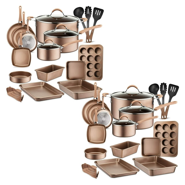 NutriChef 20 Piece Nonstick Kitchen Cookware Pots & Pans Set, Bronze (2 ...