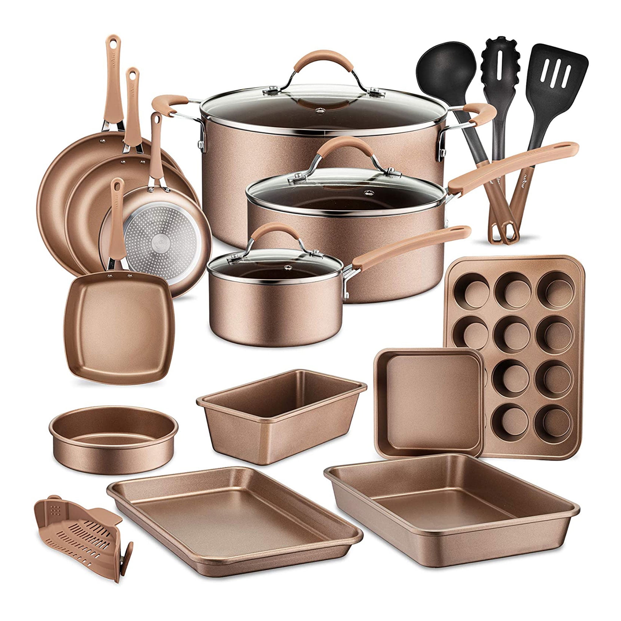 NutriChef Metallic Nonstick Ceramic Cookware and Bakeware Set, Bronze ...