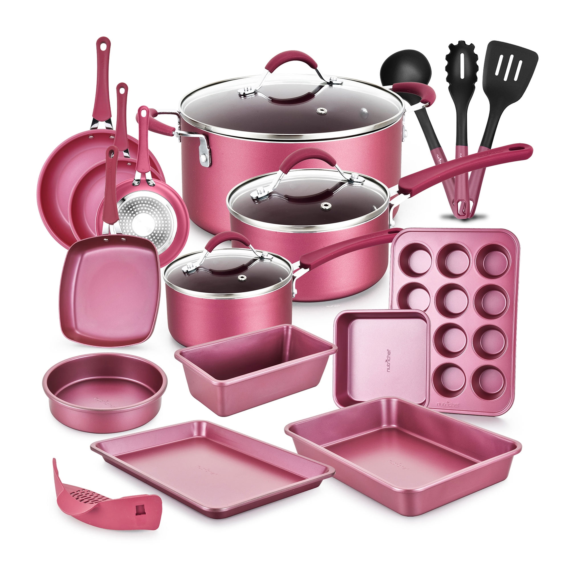 NutriChef 20-Piece Nonstick Kitchen Essential Cookware Set with Complete Utensils, Marron Pink ...