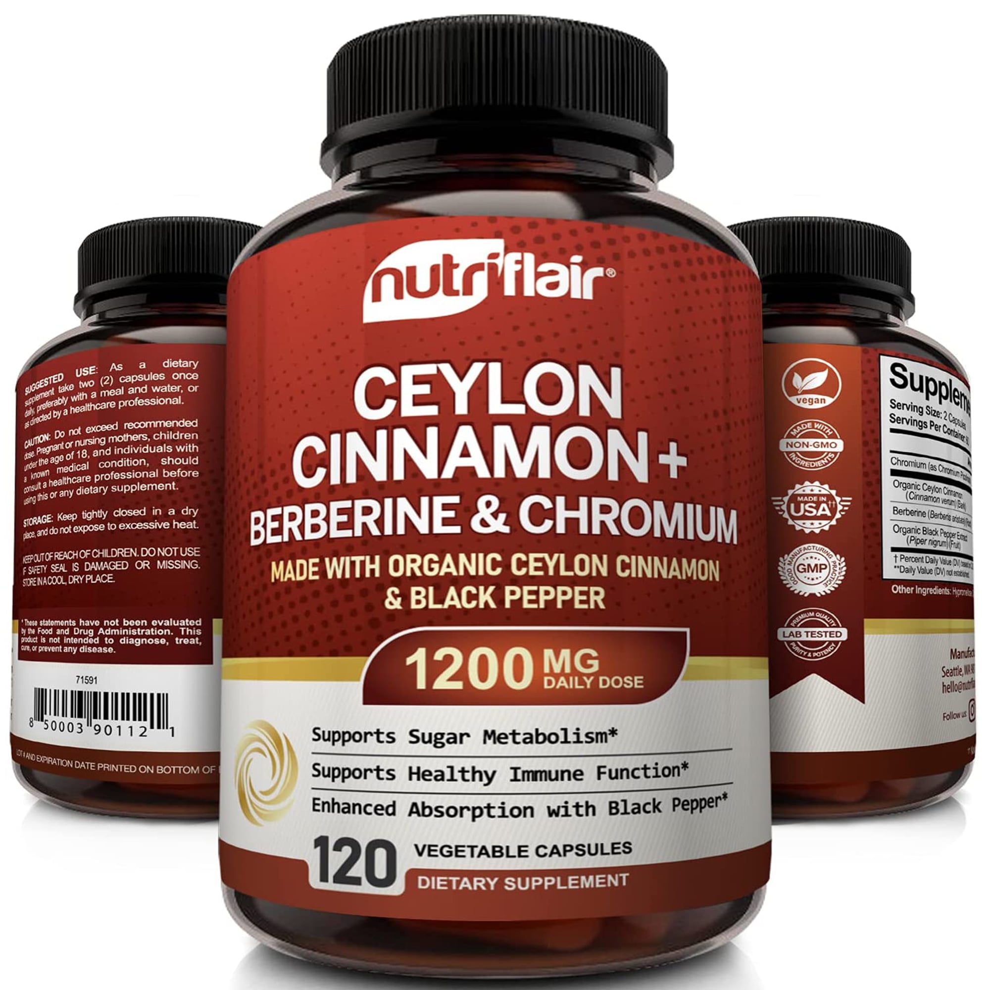 NutriFlair Ceylon Cinnamon Capsules with Berberine HCL, Chromium, and ...