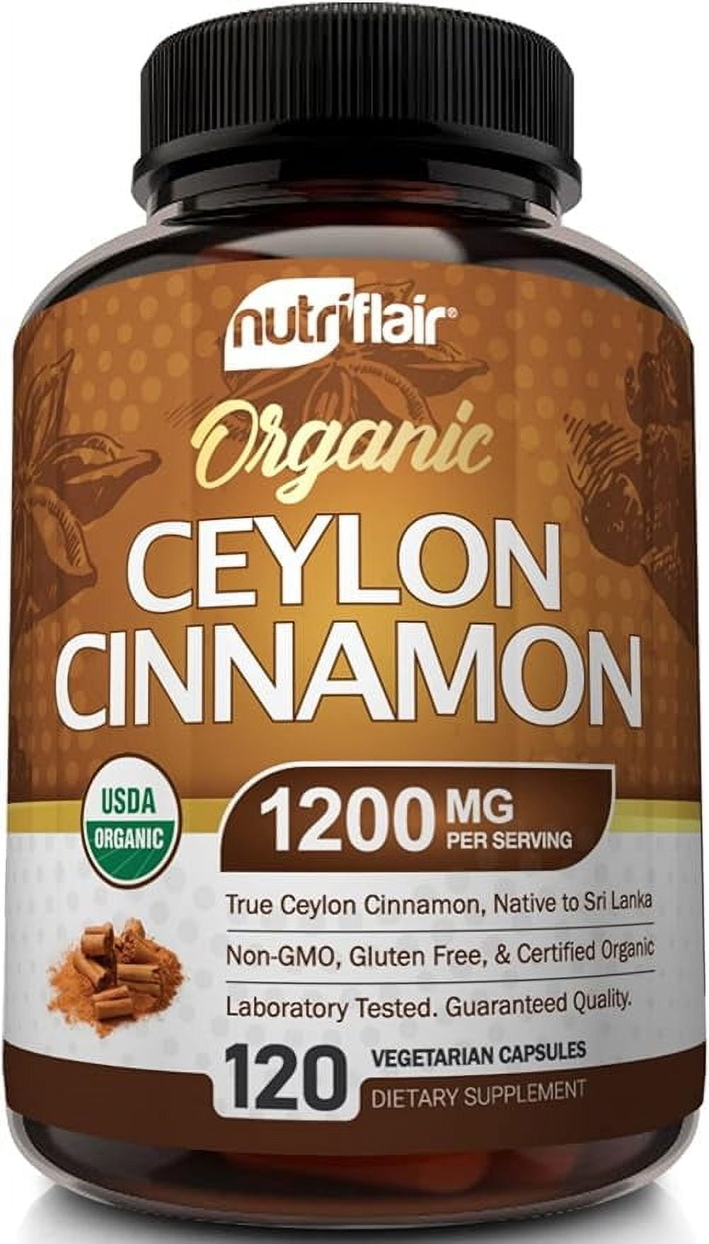 NutriFlair Organic Ceylon Cinnamon Supplement 1200mg, 120 Capsules ...