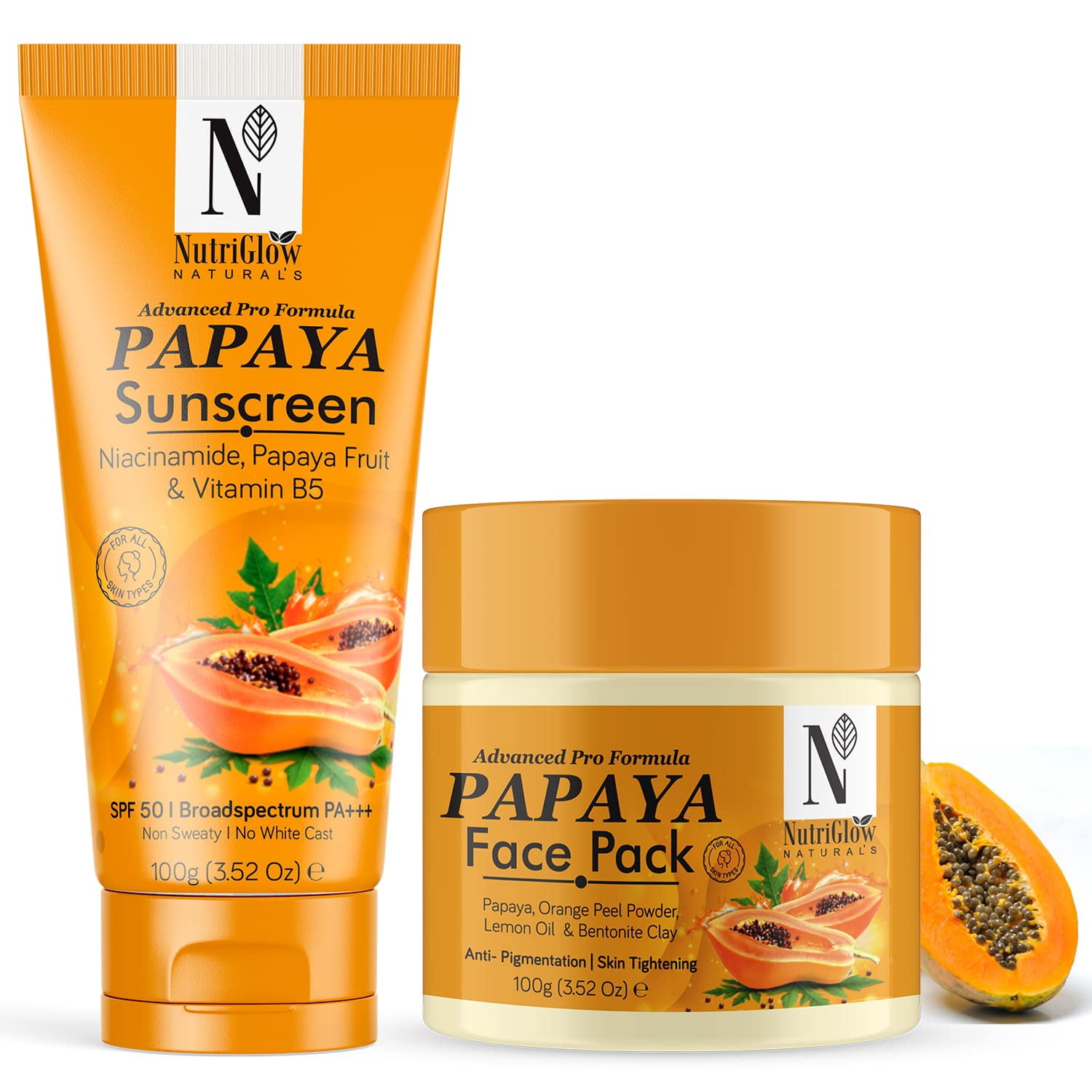 NutriGlow NATURALS Papaya Face Pack 100gm Papaya Sunscreen SPF 50 100gm ...