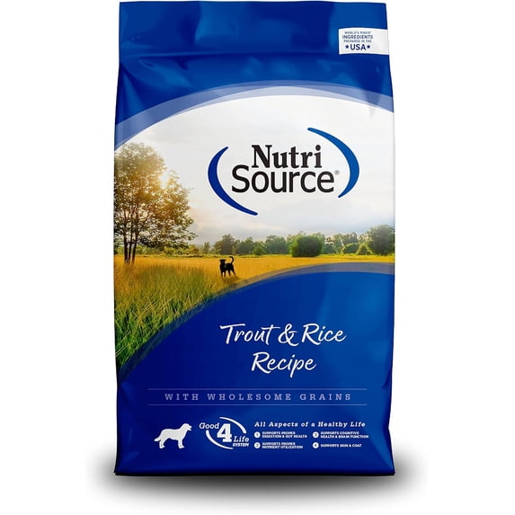 NutriSource Trout and Brown Rice Dry Dog Food, 26lb, Grain Inclusive ...