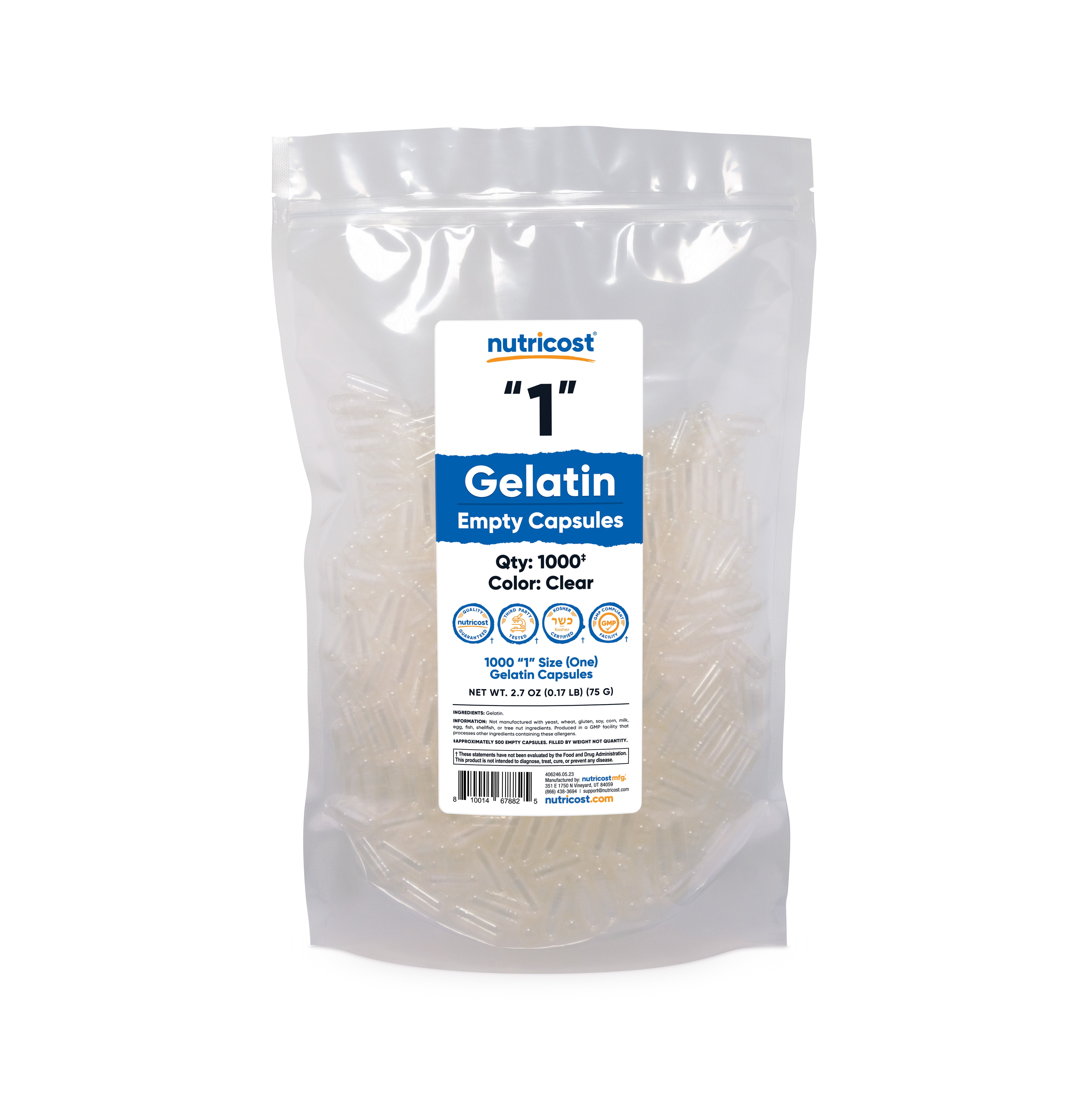 Nutricost Empty Capsules Gelatin Size 1 - 1000 Clear Empty '1' Gel ...