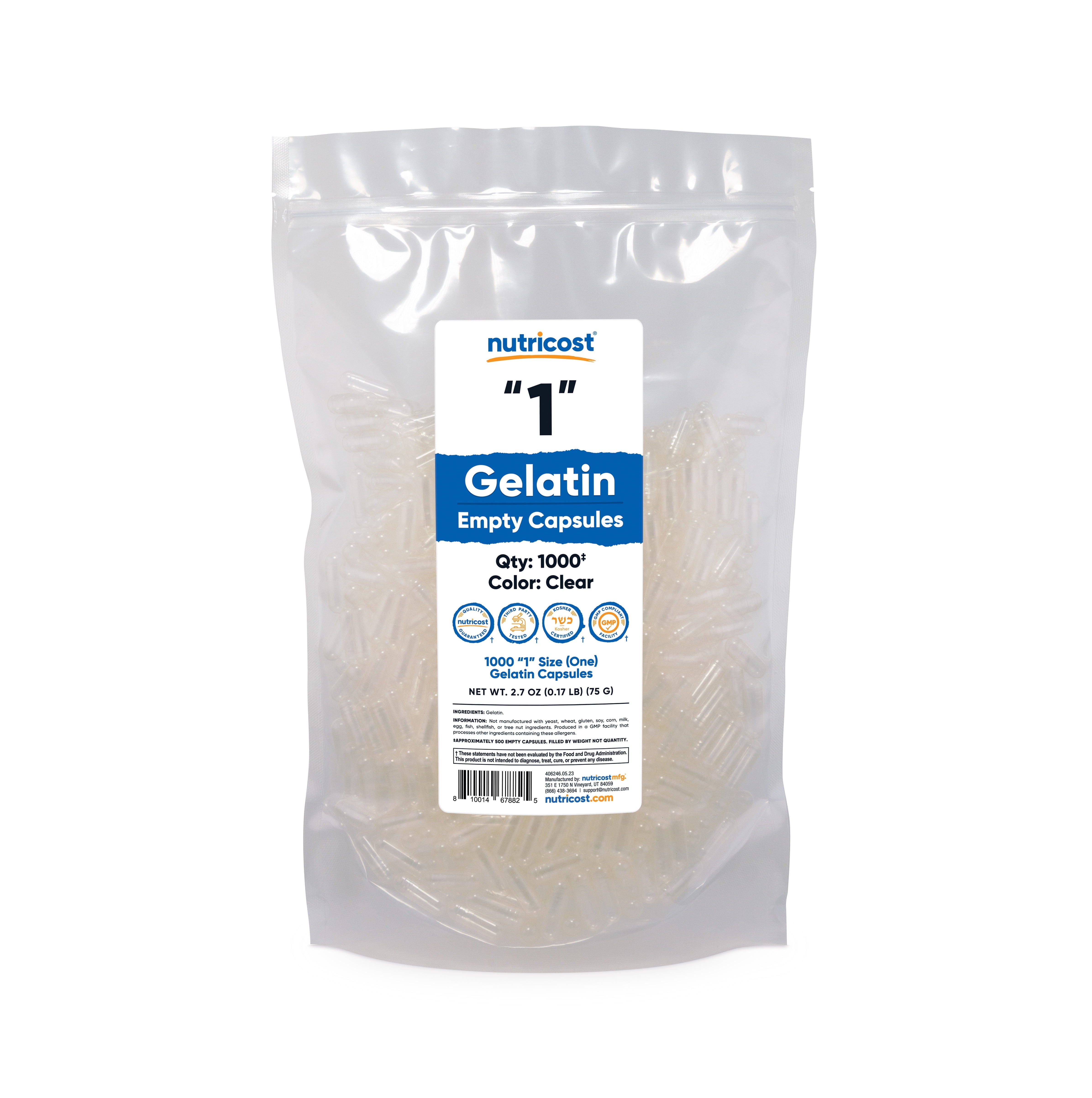 Nutricost Empty Capsules Gelatin Size 1 - 1000 Clear Empty '1' Gel ...