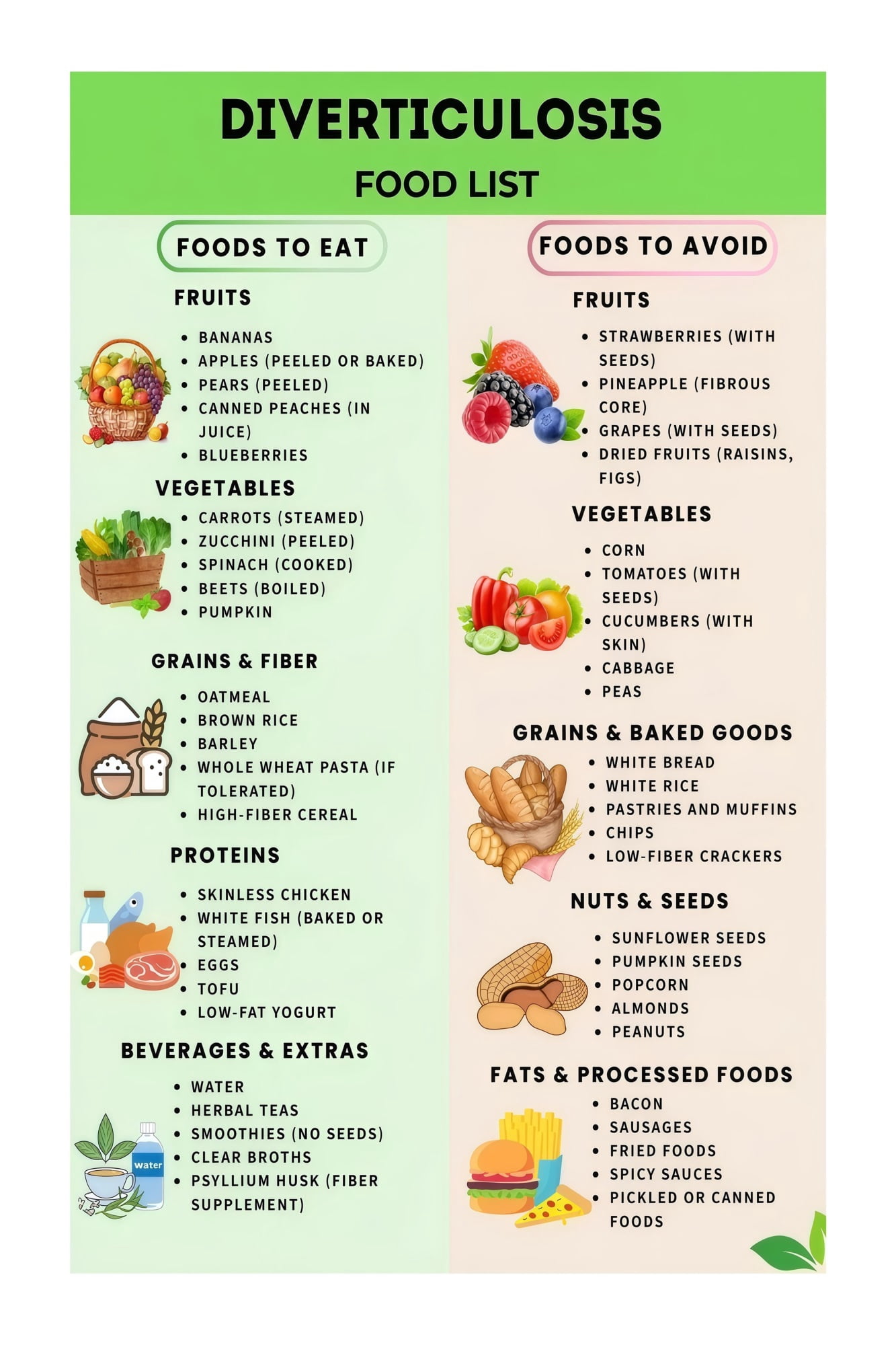 Nutrition Guide for Diverticulosis Food List Printable High Fiber and ...