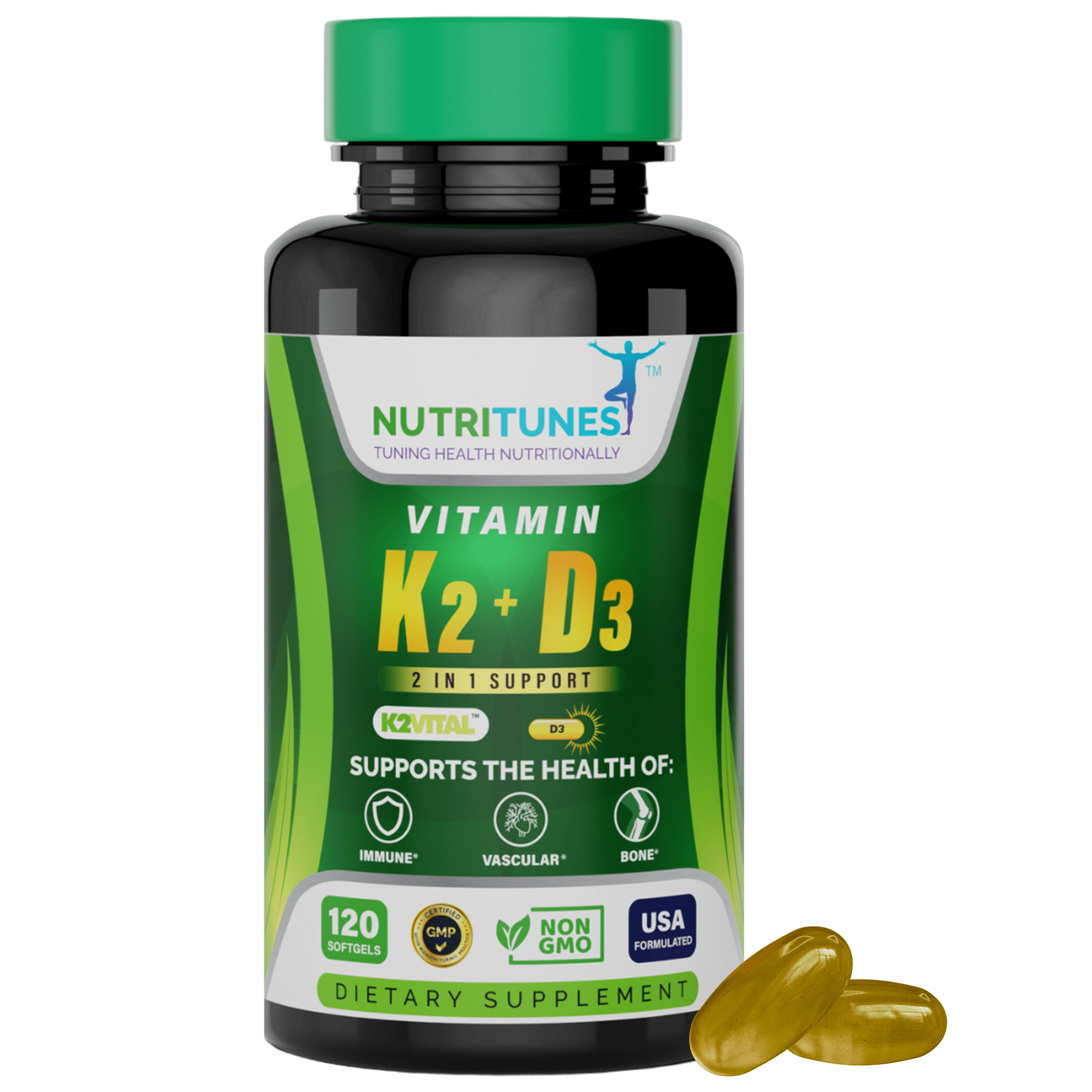 Nutritunes Vitamin K2 + D3 (120 Softgels) | 2 in 1 Formula Supports Cardiovascular, Immune, and ...