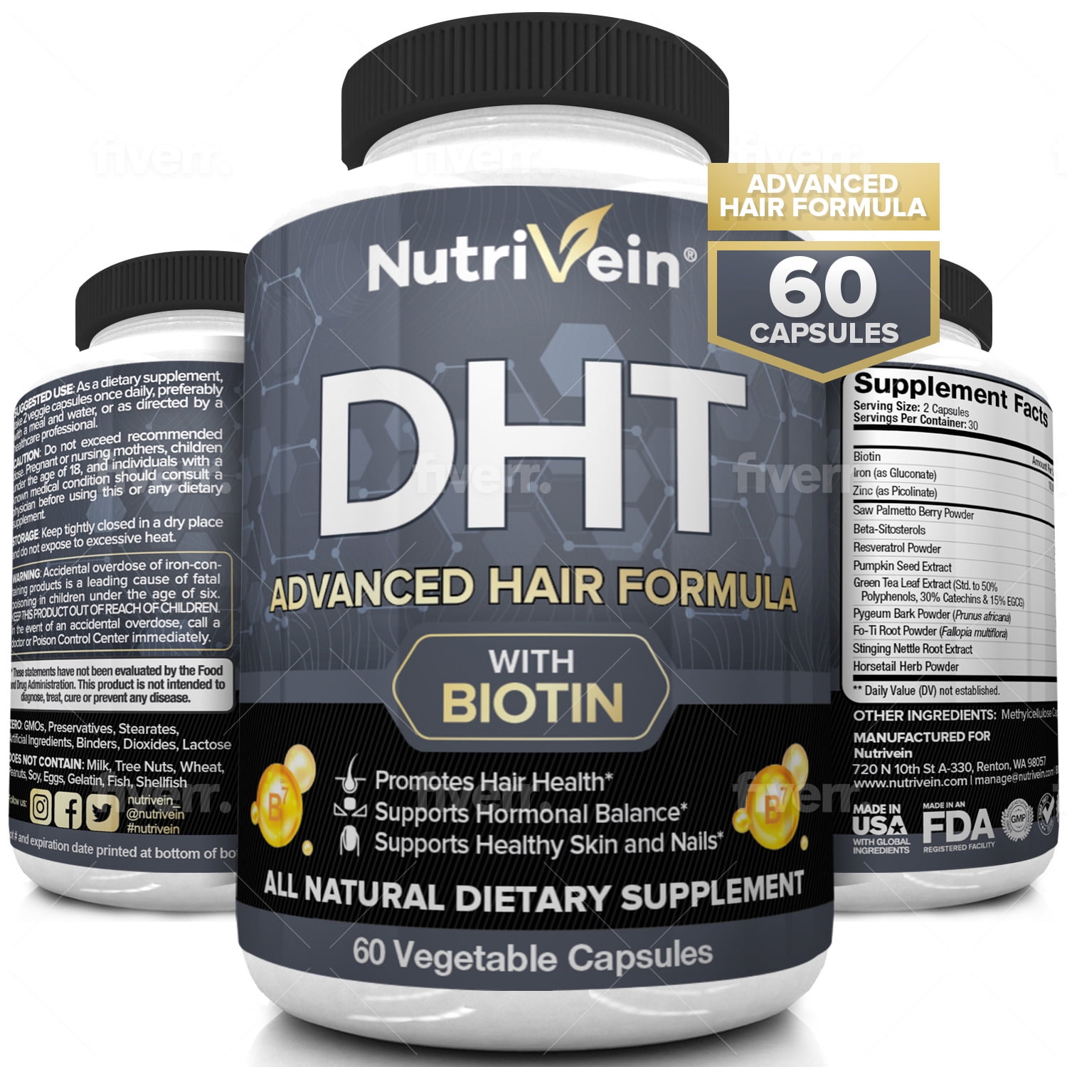 Nutrivein DHT Blocker with Biotin - 60 Capsules - Boosts Hair Growth for Men and Women - Walmart.com