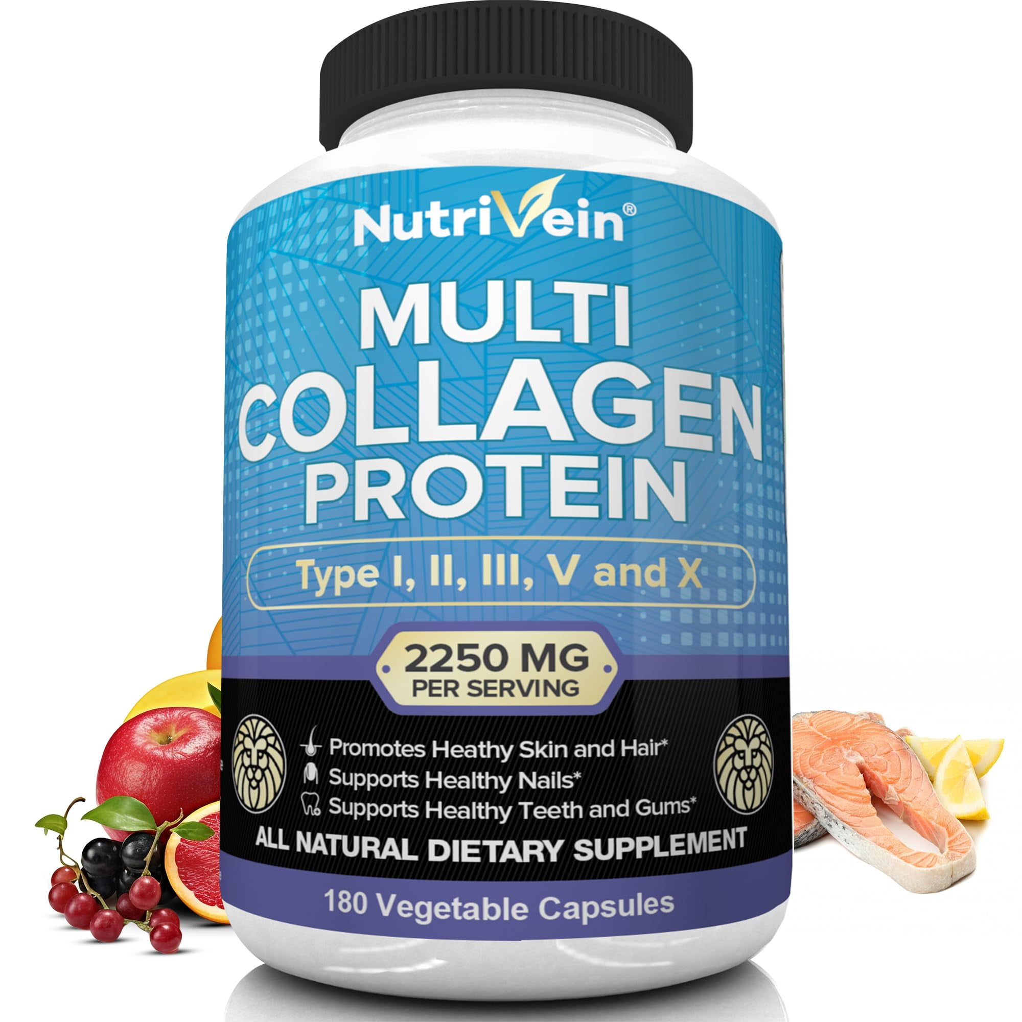 Nutrivein Multi Collagen Pills 2250mg - 180 Collagen Capsules - Type I ...