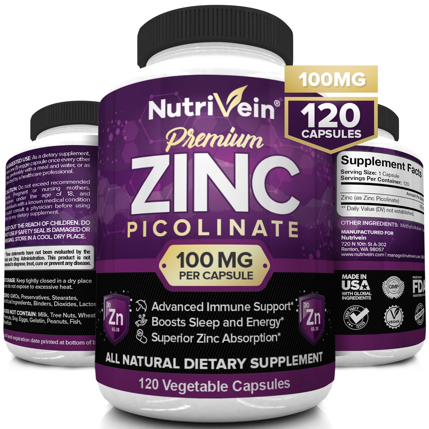 Nutrivein Premium Zinc Picolinate 100mg - 120 Capsules - Immunity ...