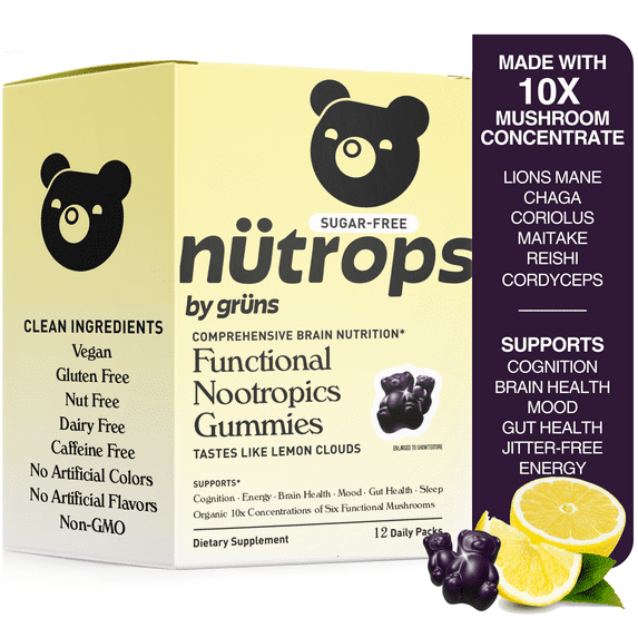 Nutrops by Gruns, Sugar-Free Lions Mane Mushroom Gummies for Adults ...