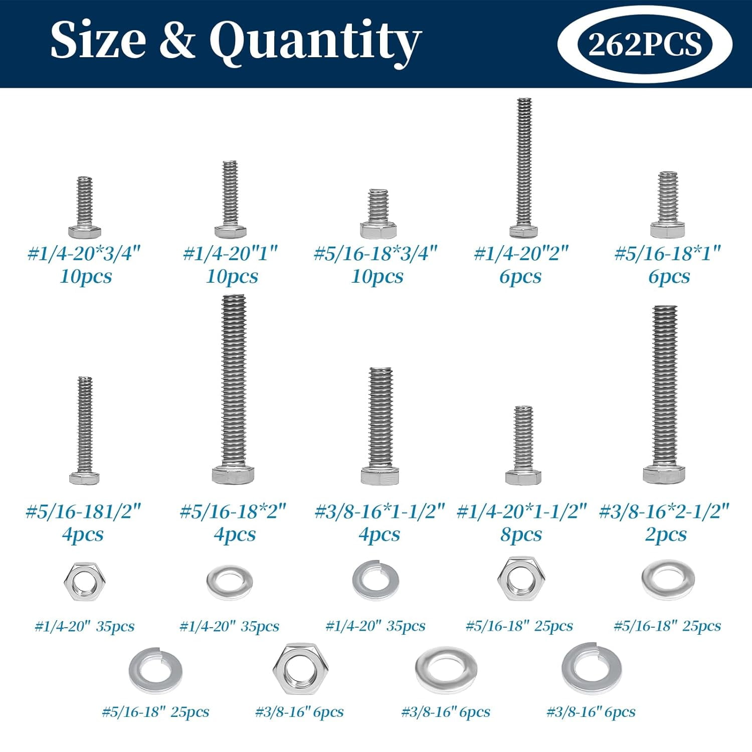 Nuts and Bolts Assortment Kit, 262 Pcs 304 Stainless Steel Bolts and ...