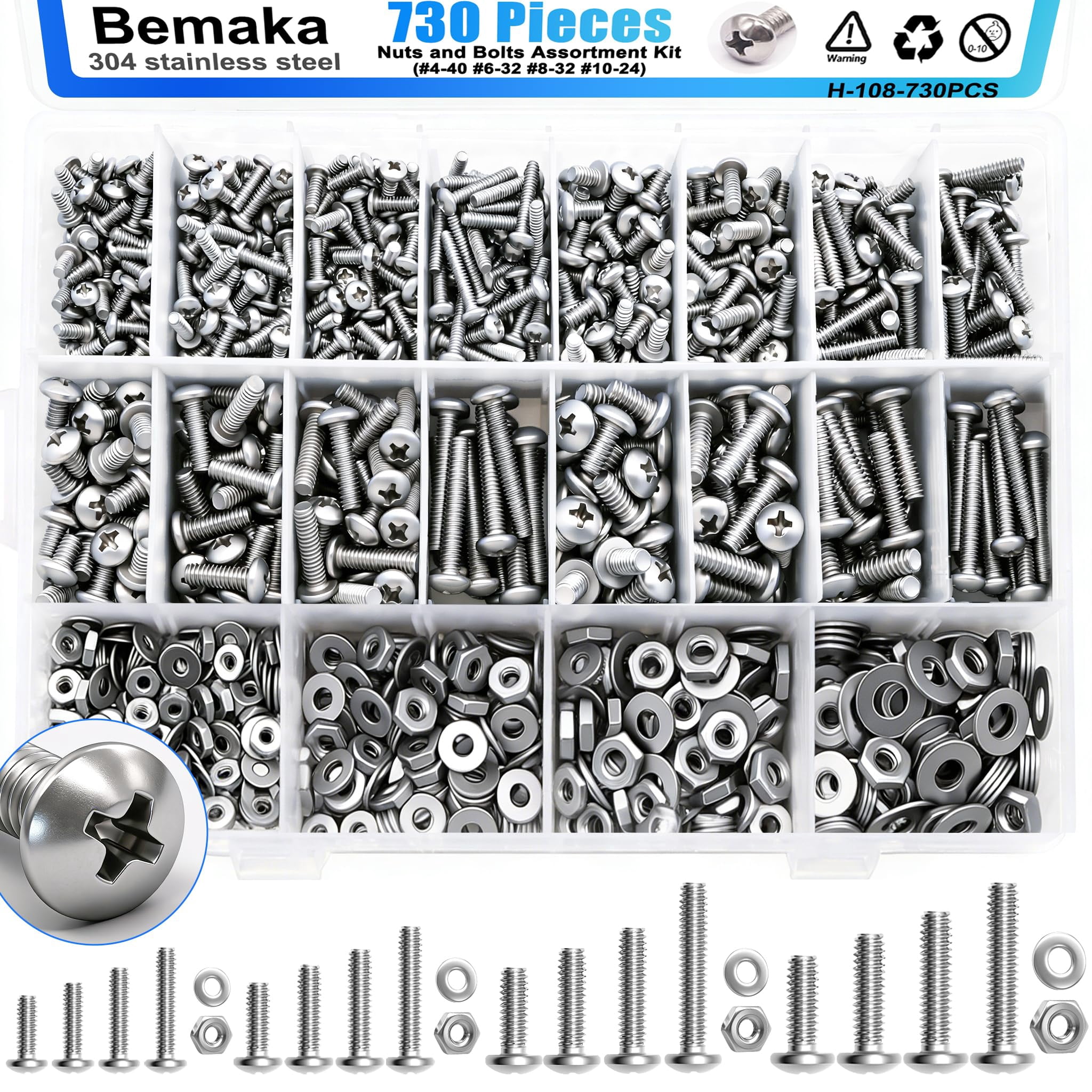Nuts and Bolts Assortment Kit, 304 Stainless Steel Bolts 8 Sizes #6-32 ...