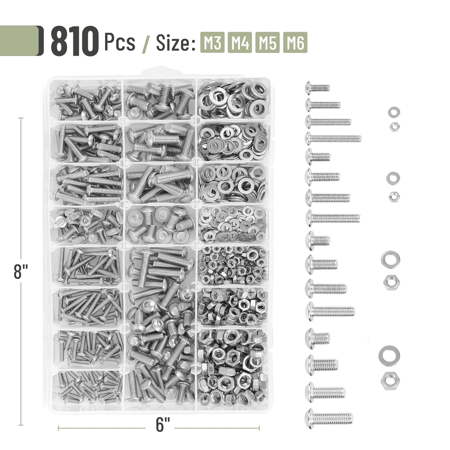 - Nuts and Bolts Assortment Kit, 810 pcs, Stainless Steel, M3 M4 M5 M6 ...