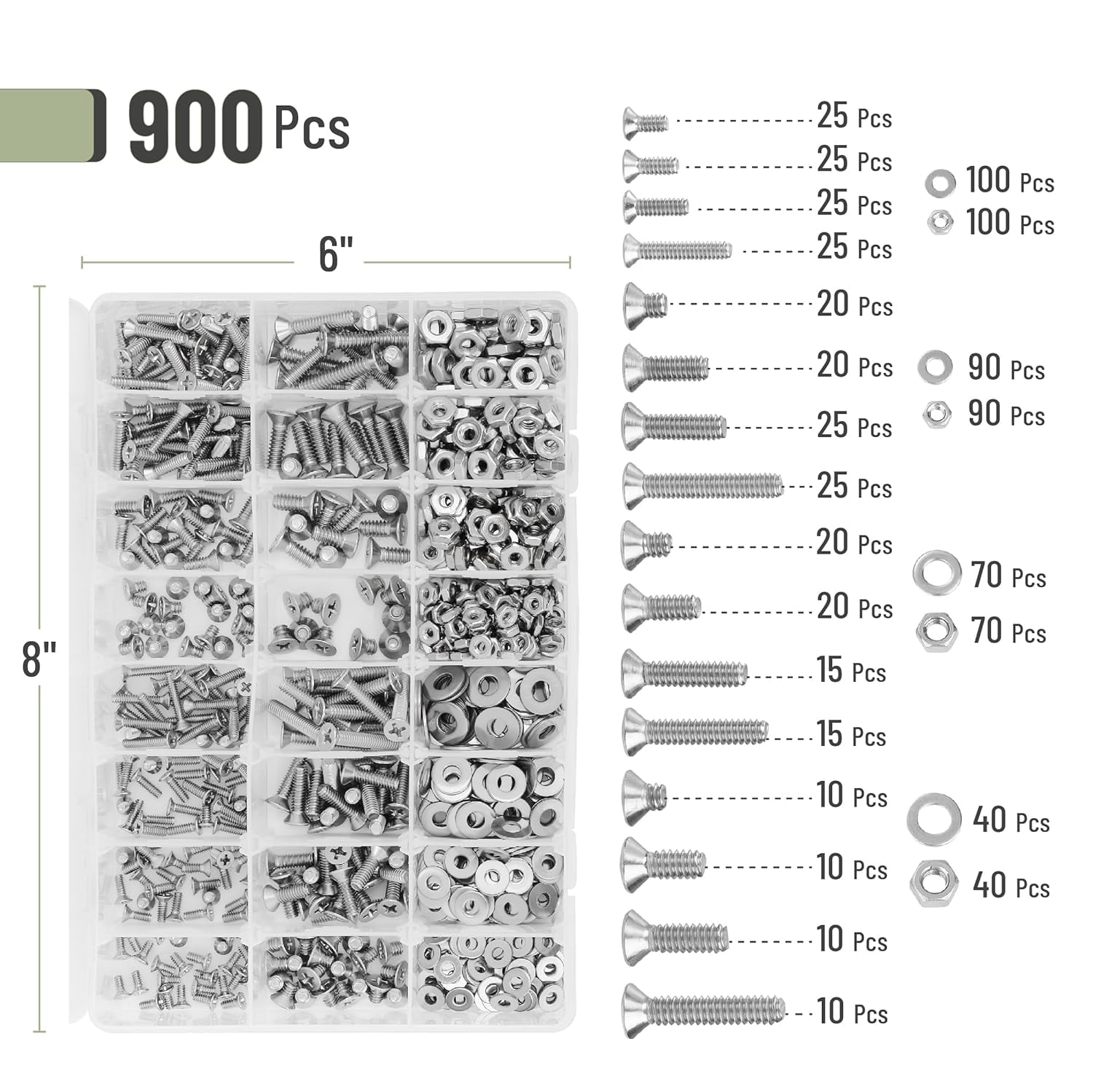 - Nuts and Bolts Assortment Kit, 900 pcs, Stainless Steel, Phillips Flat Head Assorted Nuts and ...