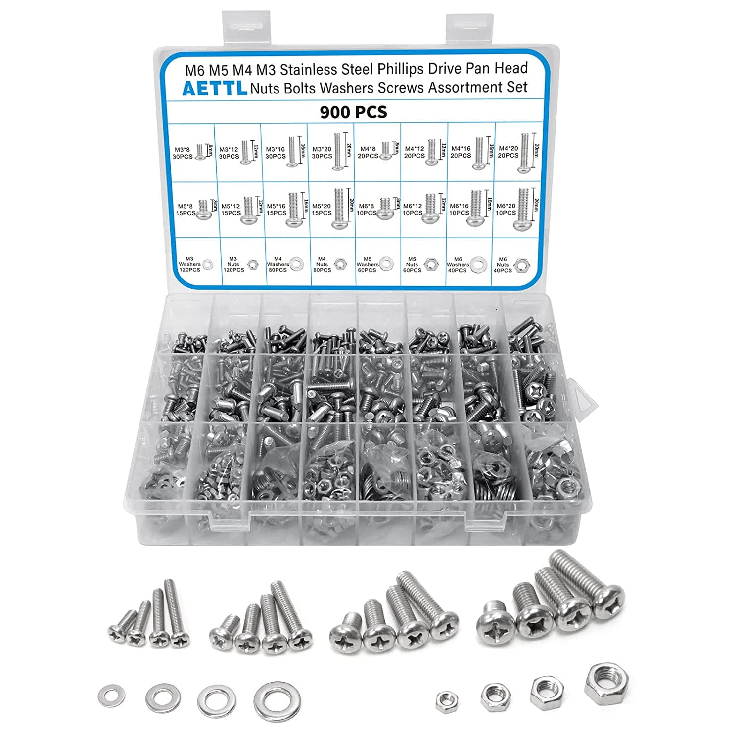 Nuts and Bolts Assortment Kit, 900 pcs Stainless Steel Metric Assorted ...