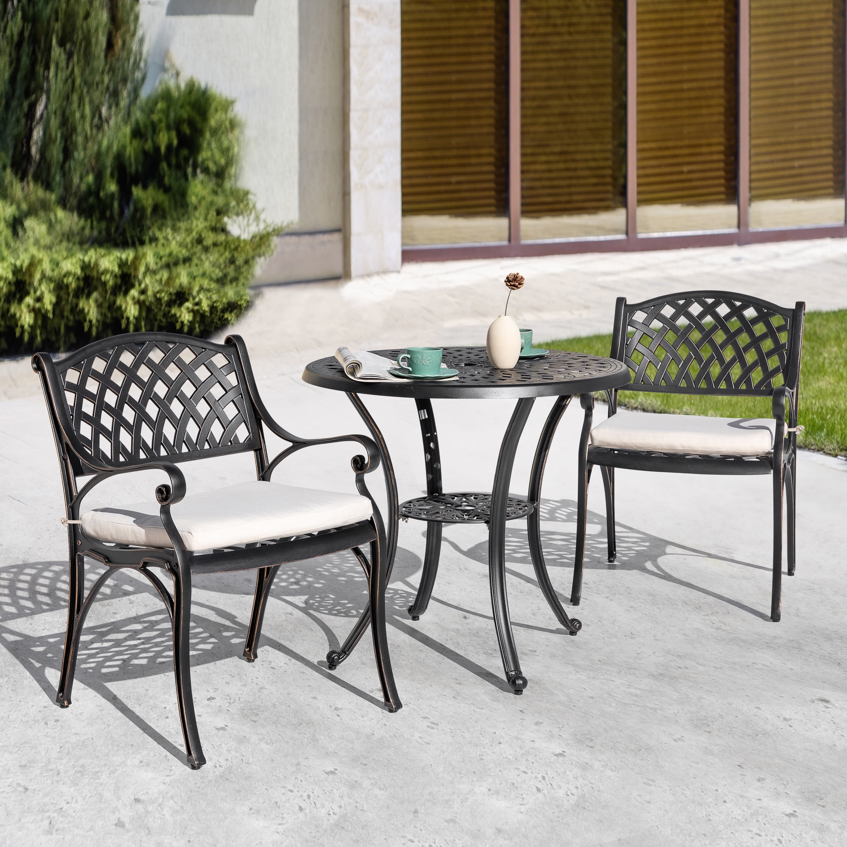 Nuu Garden 3 Piece Cast Aluminum Patio Bistro Set, Cushions, Rust ...