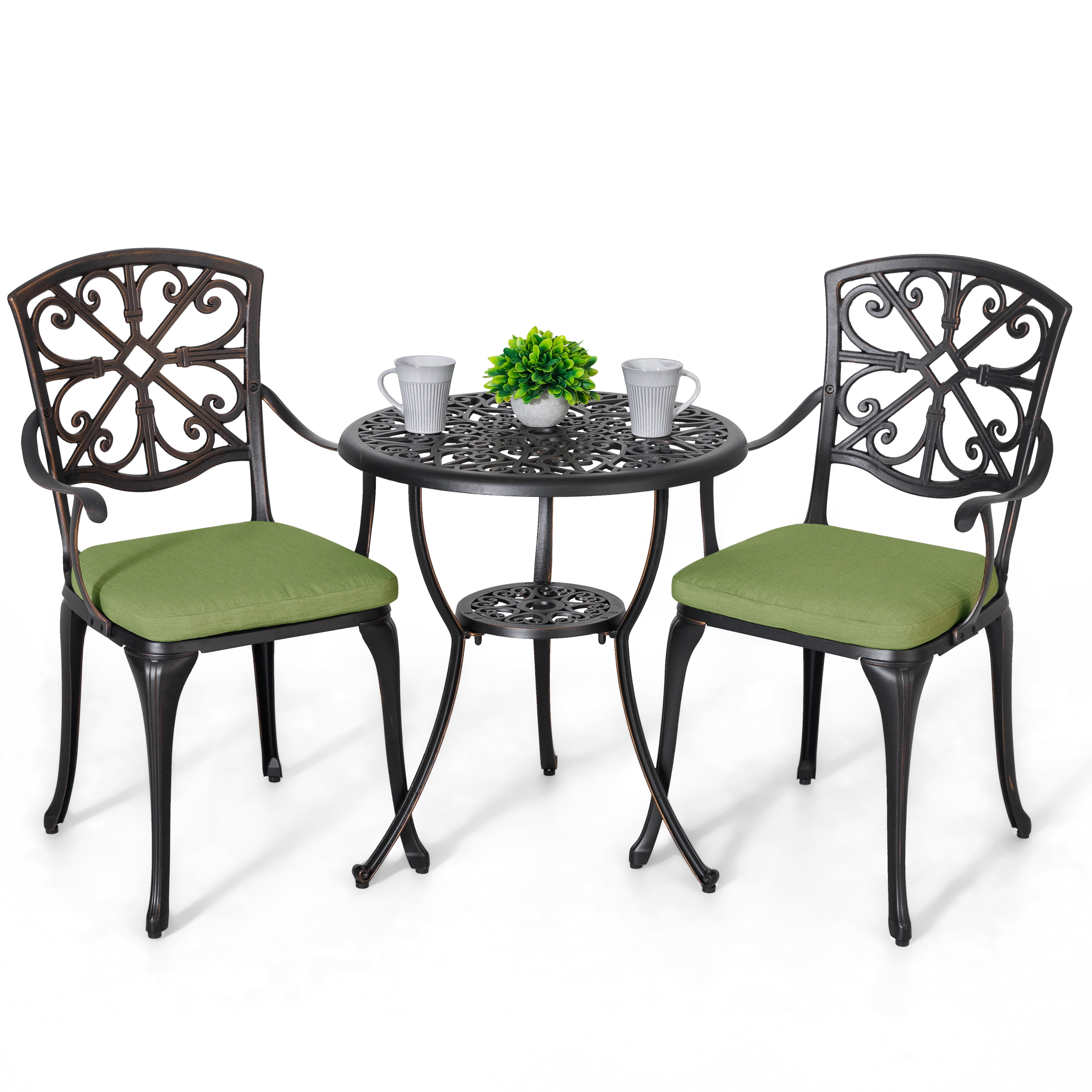 Nuu Garden 3-Piece Outdoor Bistro Set with Cushions, Round 24 Inch Cast ...