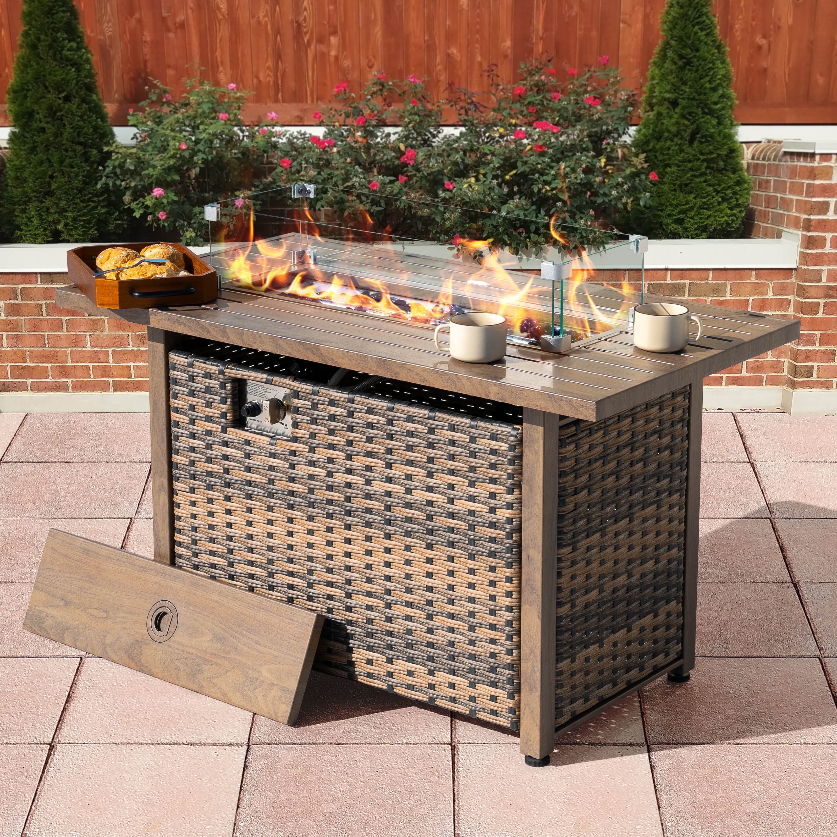 Nuu Garden 43'' Propane Gas Fire Pit with Glass Wind Guard, Rattan ...