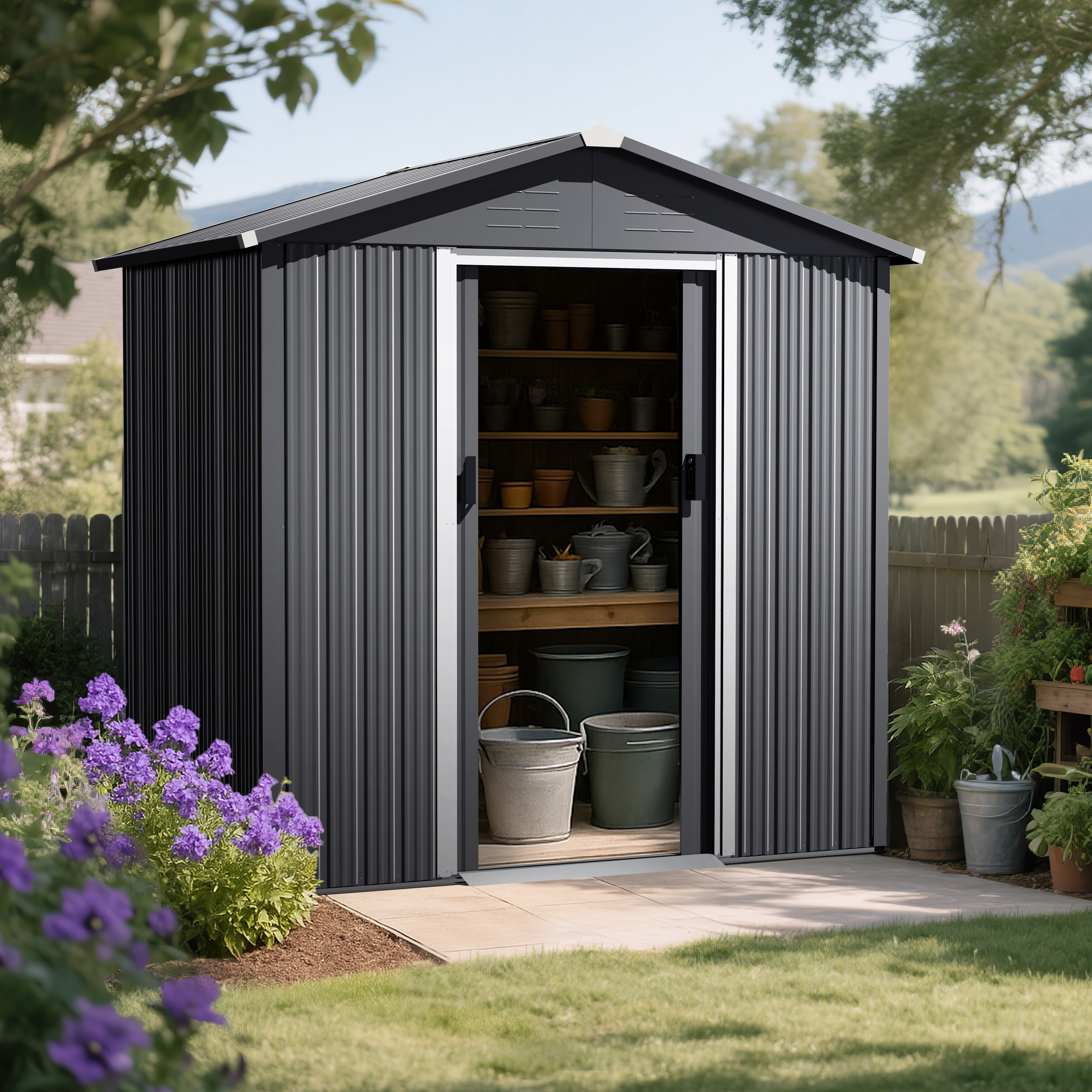 Nuu Garden 6 x 4 FT Garden Storage Shed with Sliding Doors, Galvanized ...