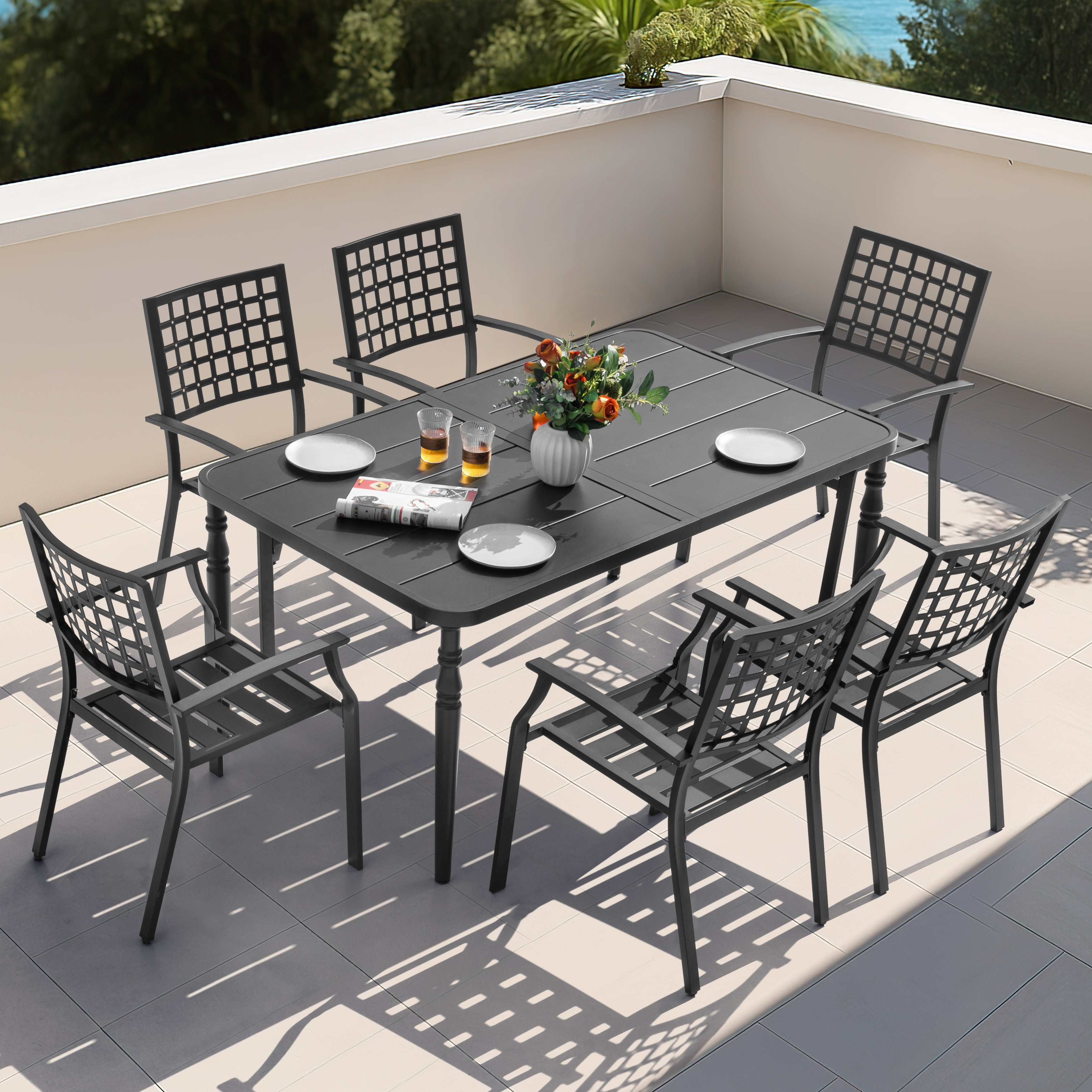 Nuu Garden 7-Piece Outdoor Metal Furniture Set, Outdoor Dining Set of 6 ...