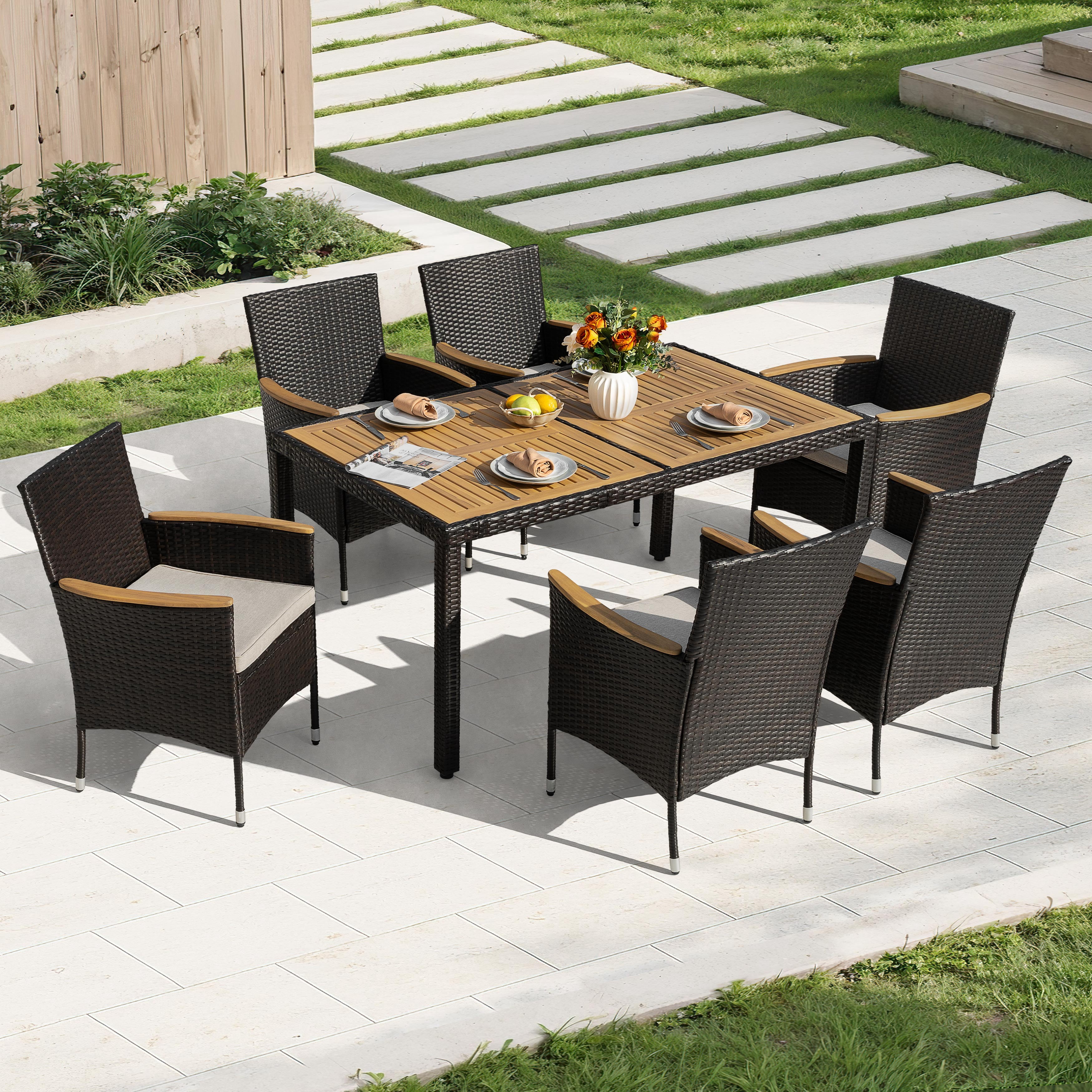 Nuu Garden 7-Piece Patio Dining Set, Acacia Wood Wicker Outdoor Dining ...