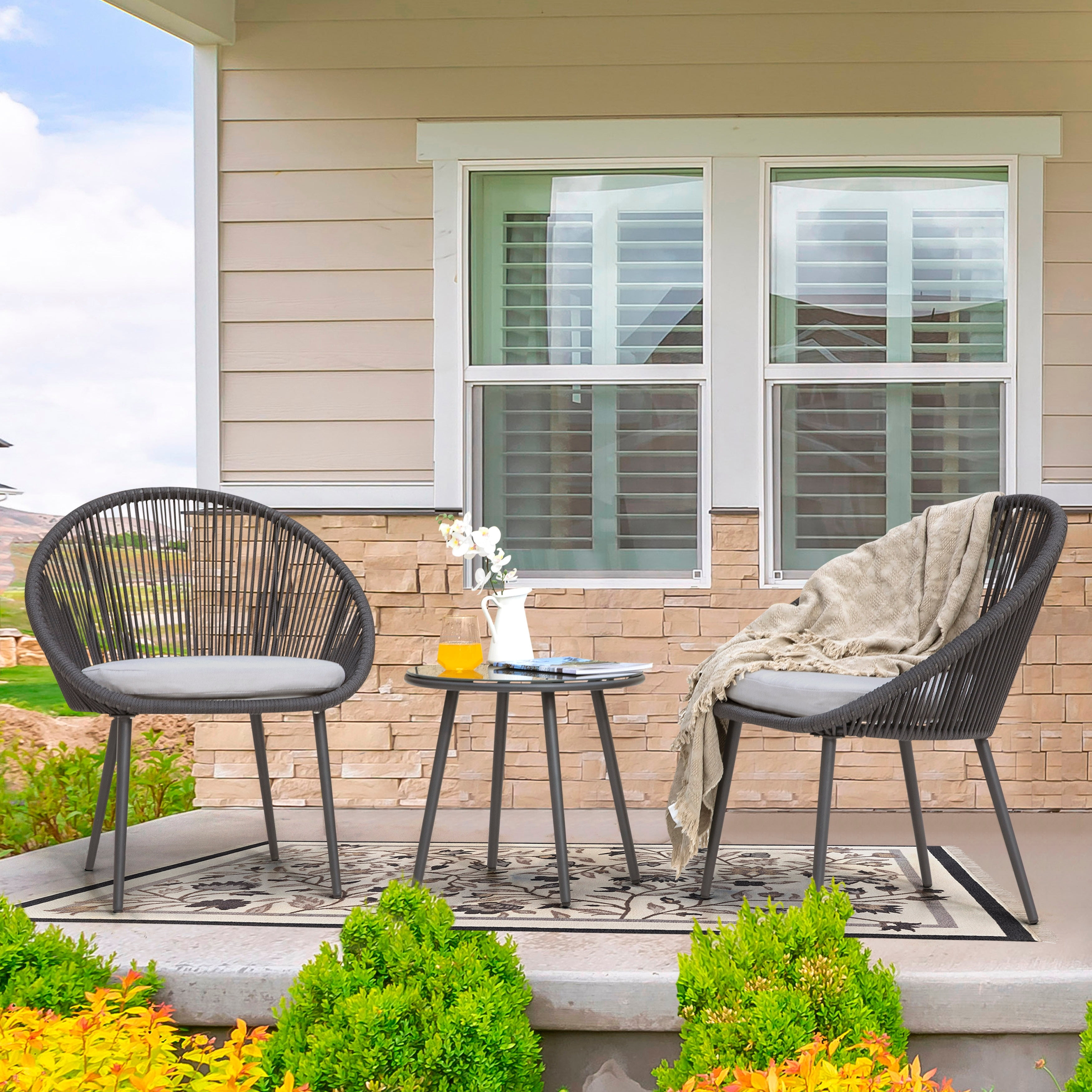 Nuu Garden Outdoor 3 Pieces Patio Woven Rope Bistro Set with Cushions ...