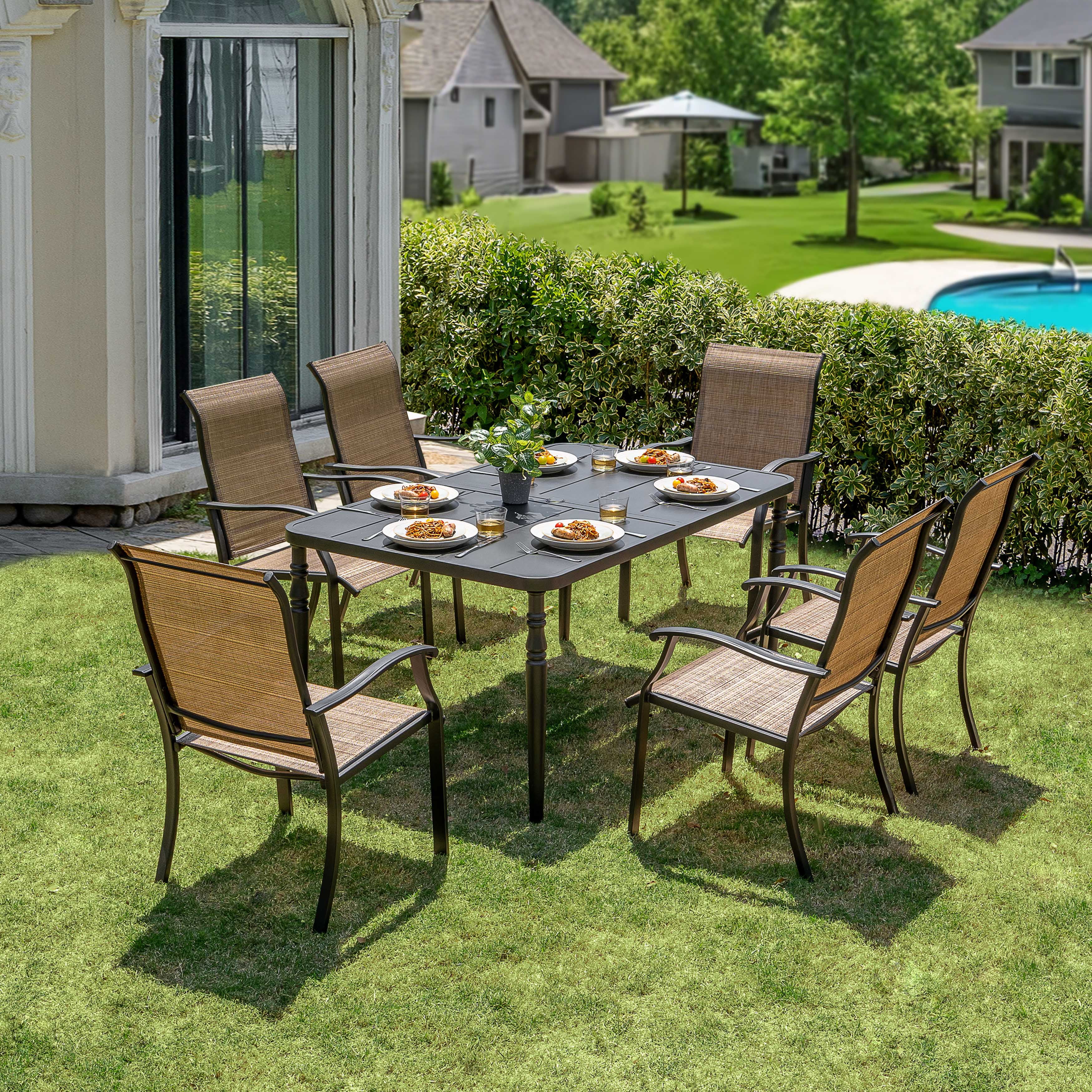 Nuu Garden Outdoor 7-Piece Dining Set with Powder-Coated Metal Frame ...