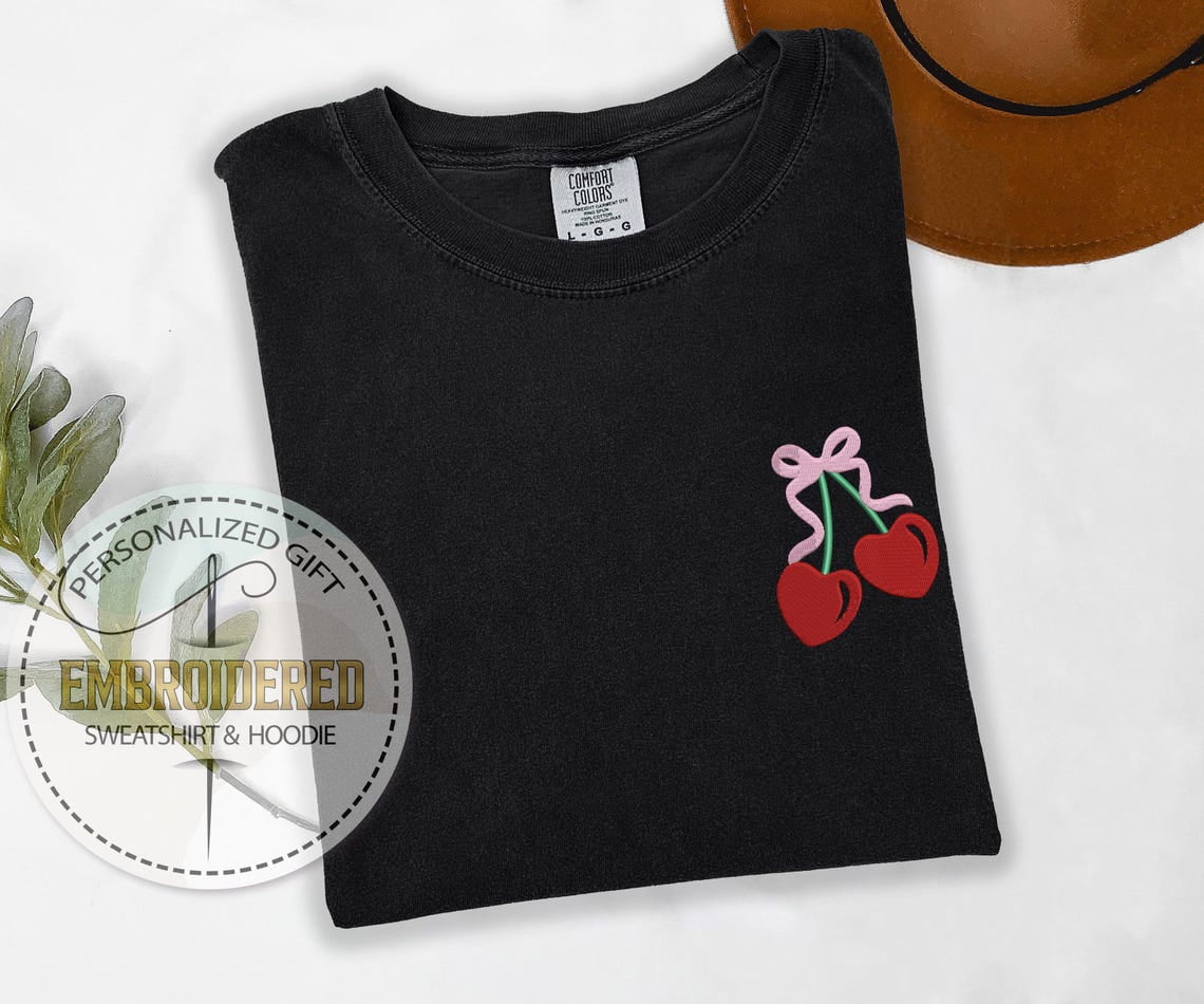 Nuvello Cherry Bow Tee, , Embroidered Pocket T-Shirt, Coquette ...