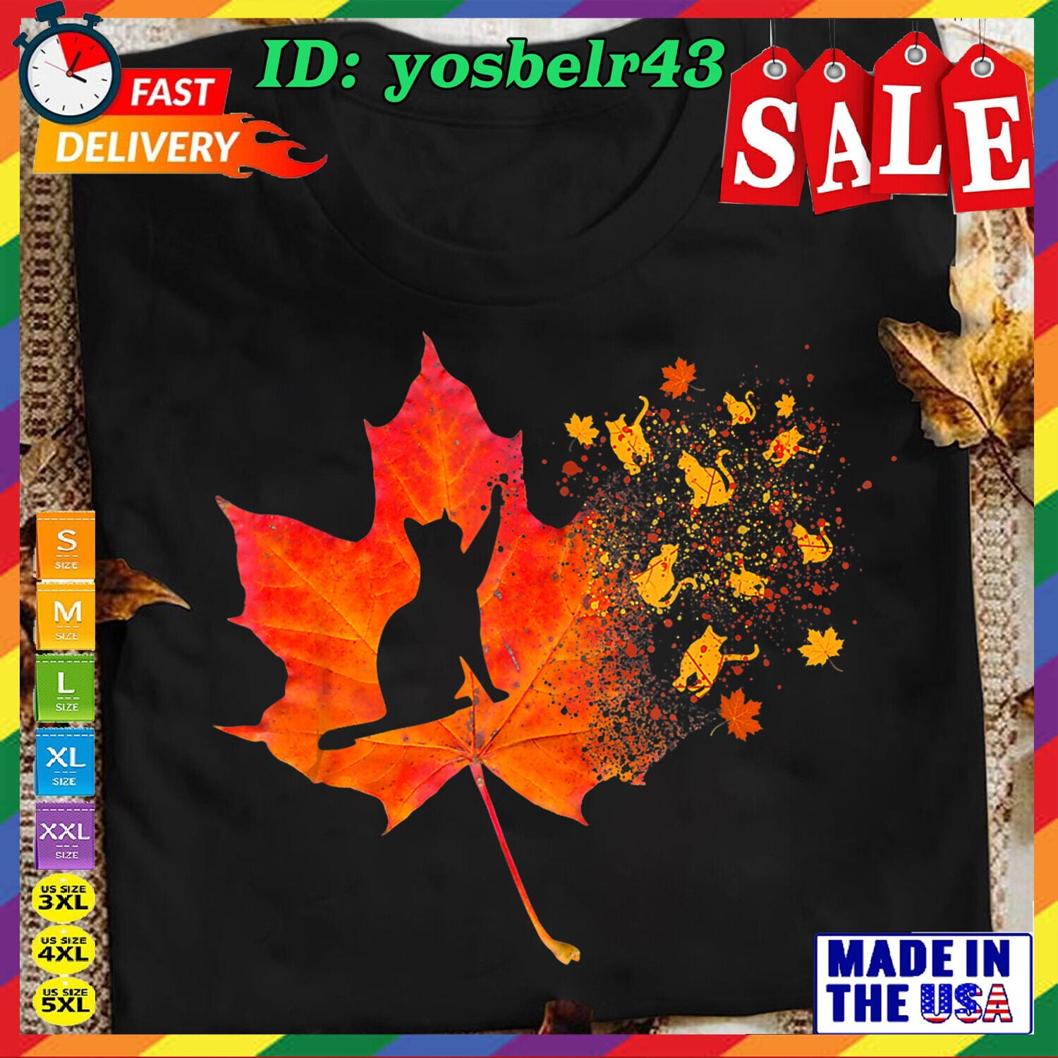 Nuvello Cute Cat Thanksgiving Fall Leaves Costume Autumn Lover T-Shirt ...