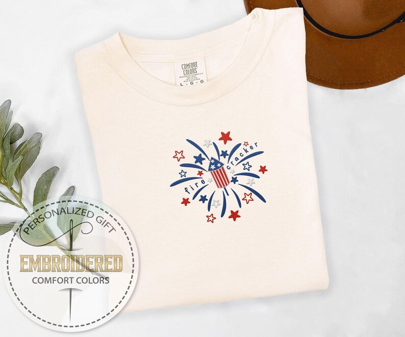Nuvello Firecracker Embroidered Shirt, Red White Blue Firework Design ...