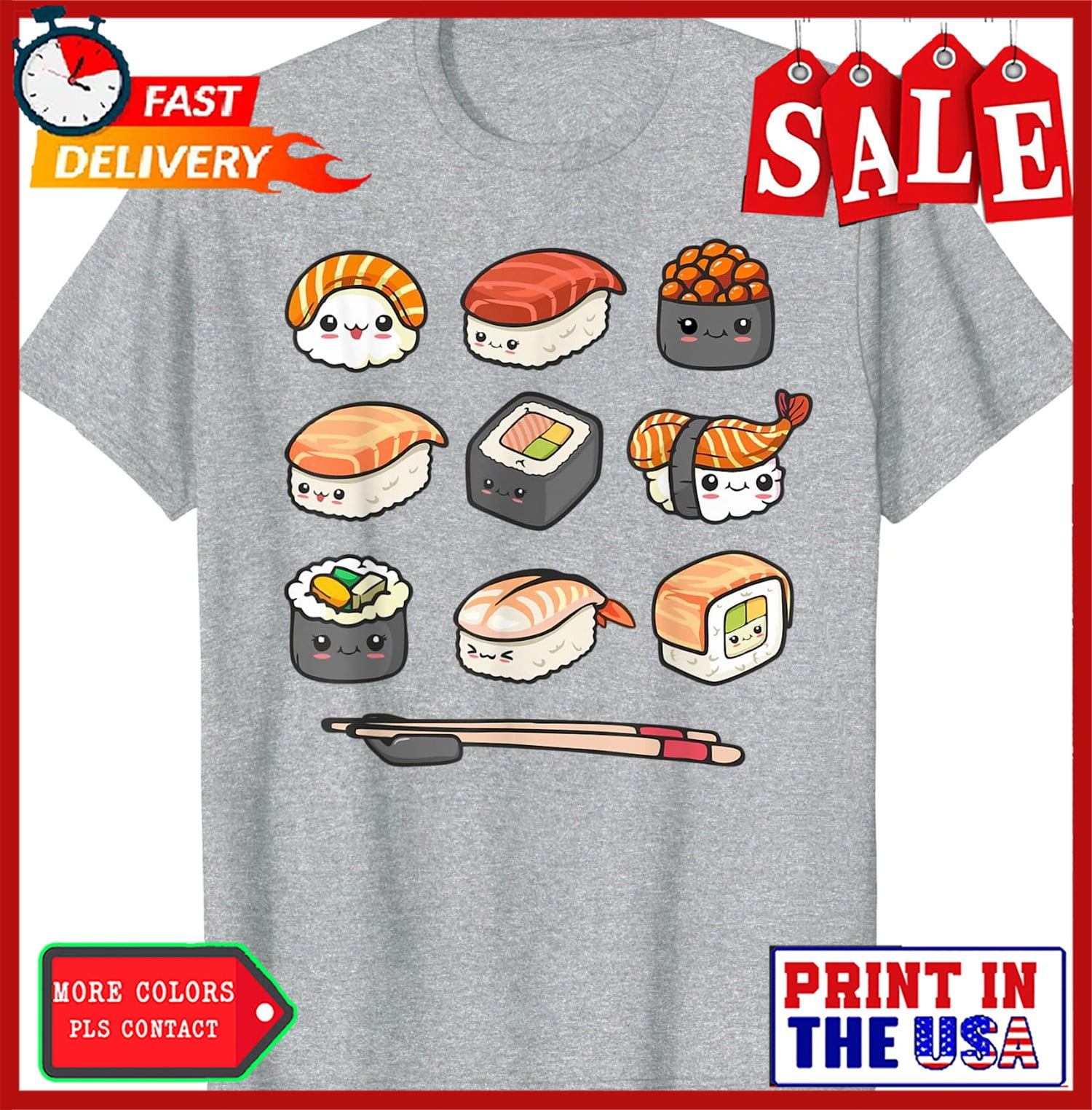 Nuvello Happy Sushi Anime Kawaii Set Japanese Food Lover Otak Unisex T ...